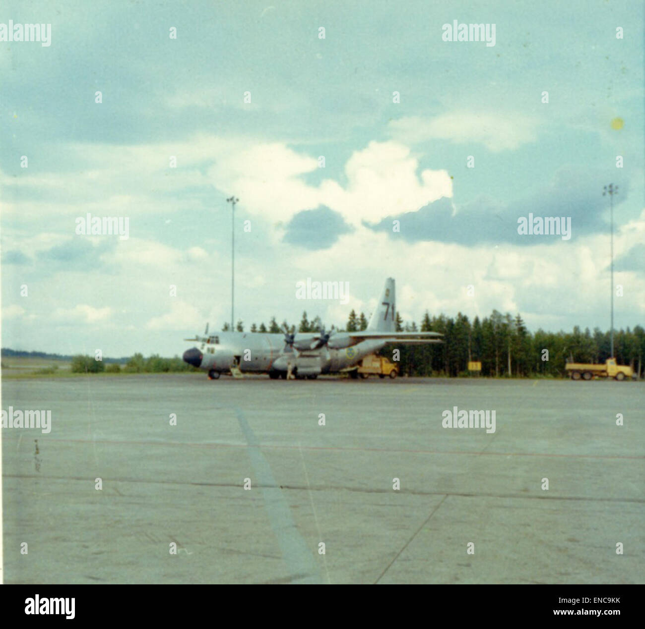 Photograph of a C-130 Hercules aircraft in Sweden, taken in 1966. The ...