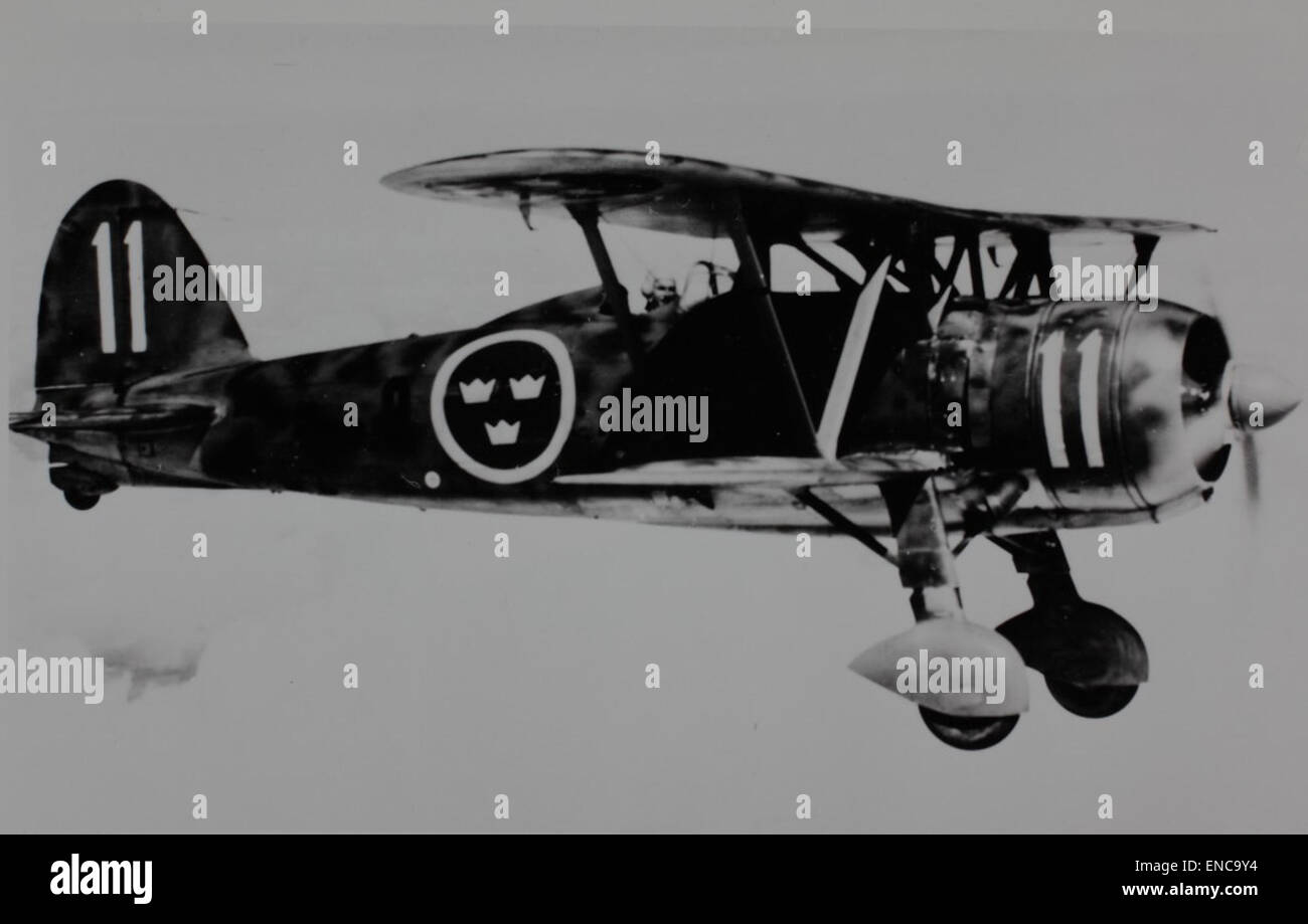 A front view of the Fiat CR.42, a biplane used by the Italian Air Force ...