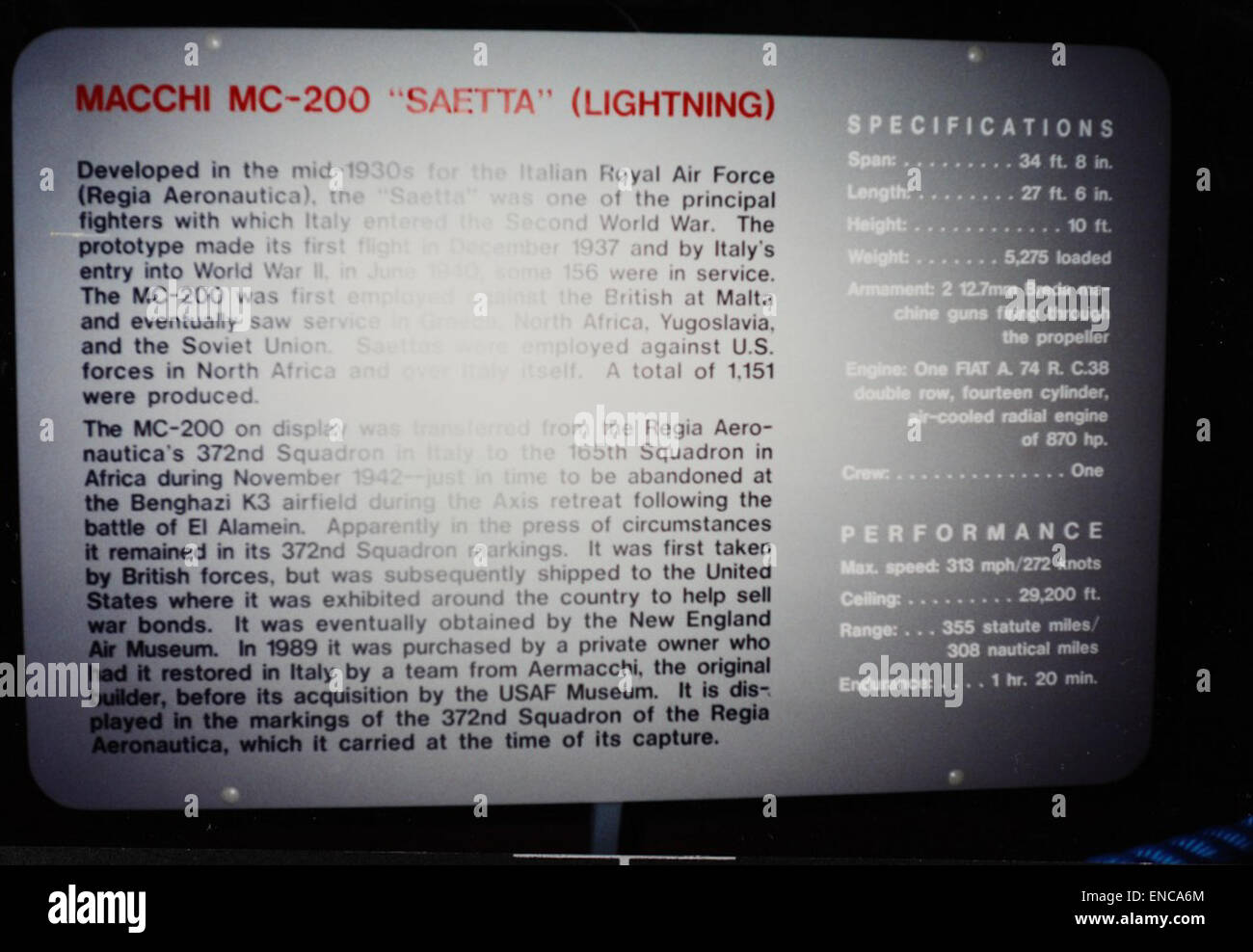 A photograph of the Macchi MC.200 Saetta, an Italian World War II ...