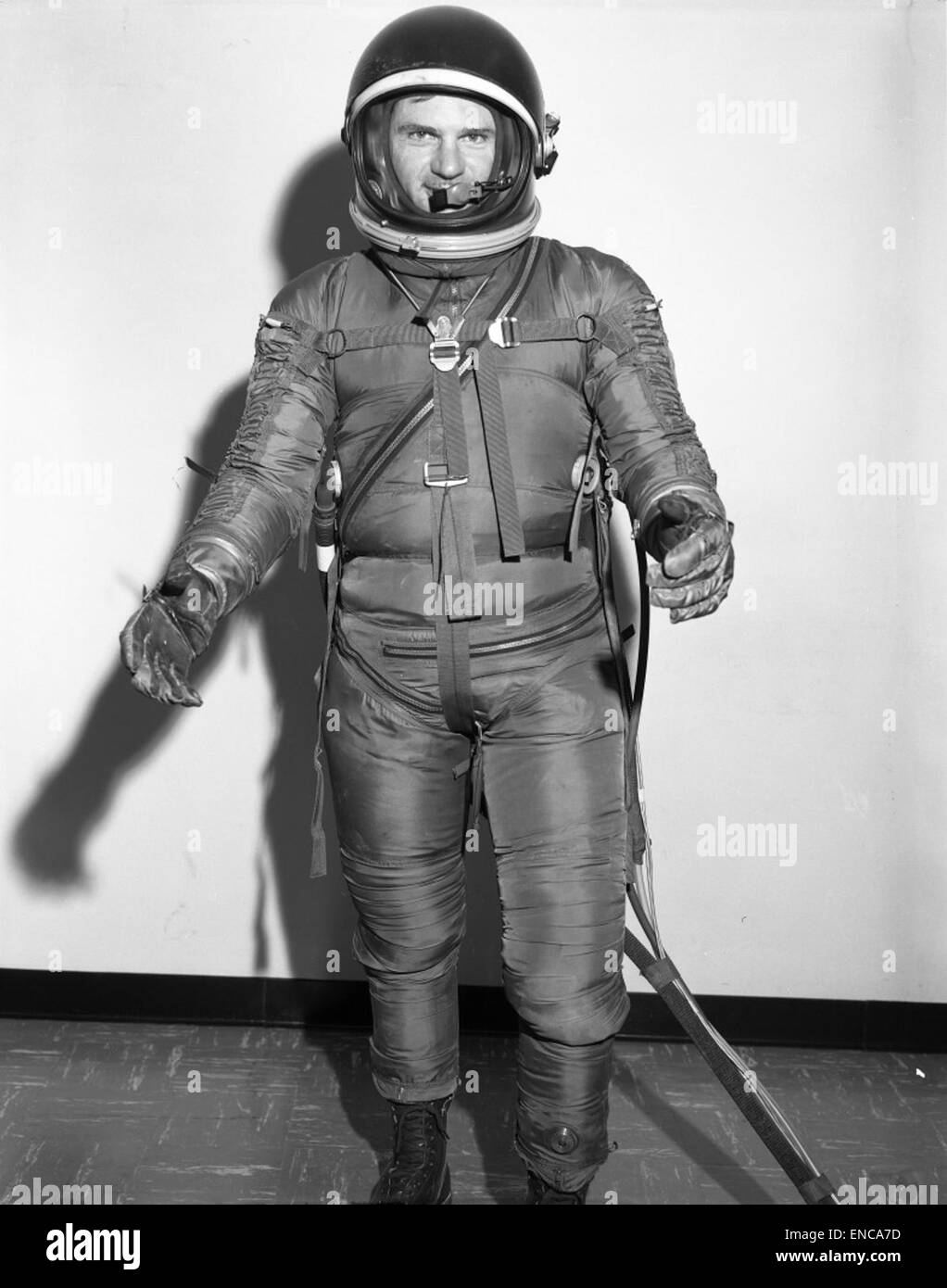 A photograph from February 1, 1961, showing a man in a spacesuit ...