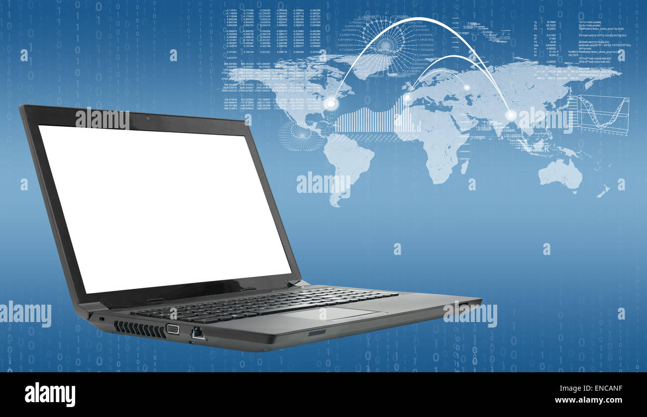 Laptop on abstract background with world map Stock Photo - Alamy