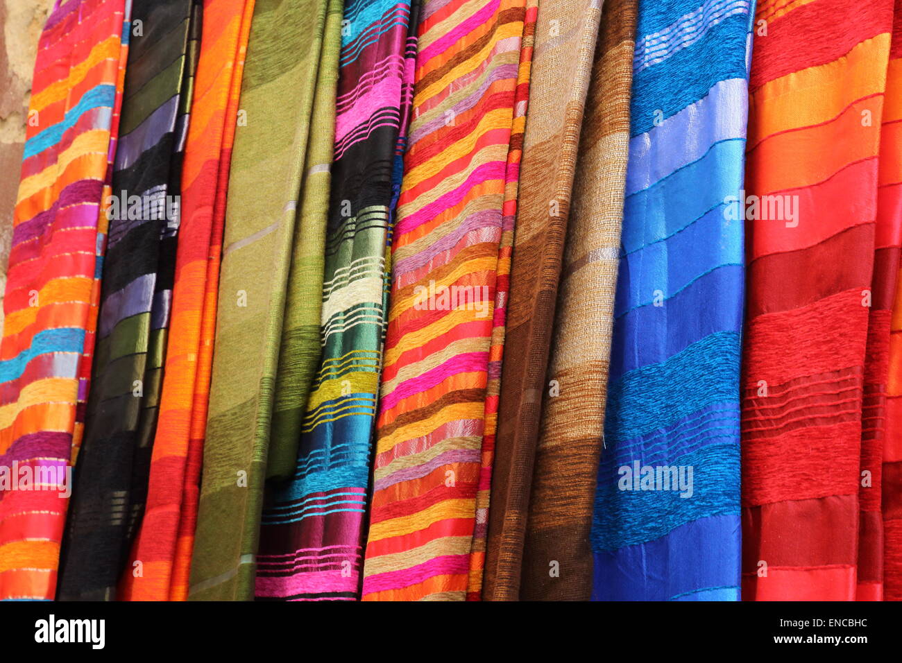Colourful textiles on sale in the coastal town of Essaouira, Morocco ...