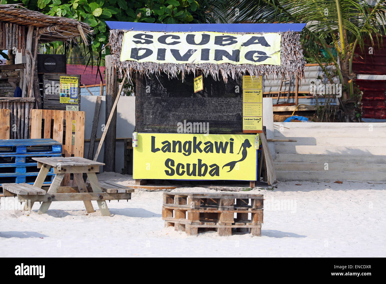 Scuba Diving stall on the beach in Pantai Cenang, Langkawi, Malaysia ...