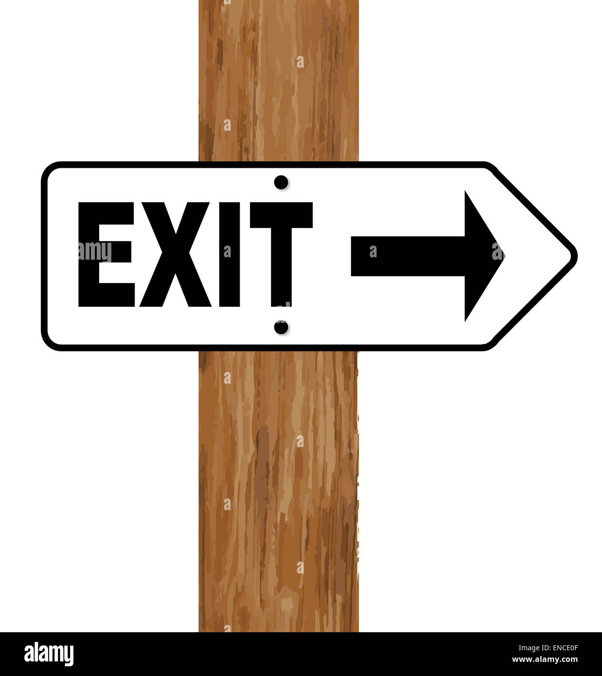 A white and black exit arrow fixed to a wooden pole over a white ...