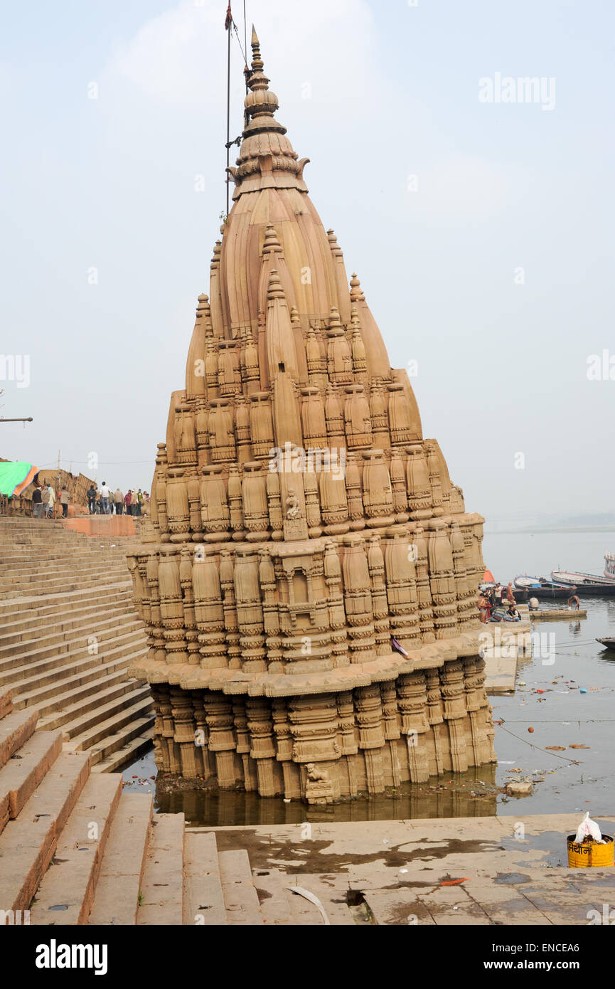 Varanasi, India - 28 January 2015: Temple on the Ghats of river Ganges ...