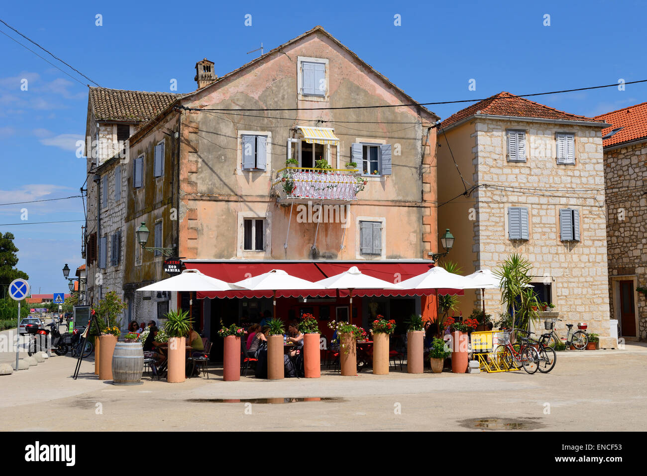 Restaurants on seafront of Stari Grad on Hvar Island on Dalmatian Coast ...