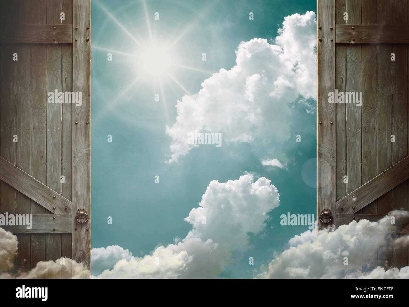 wooden doors open to heaven sky Stock Photo - Alamy