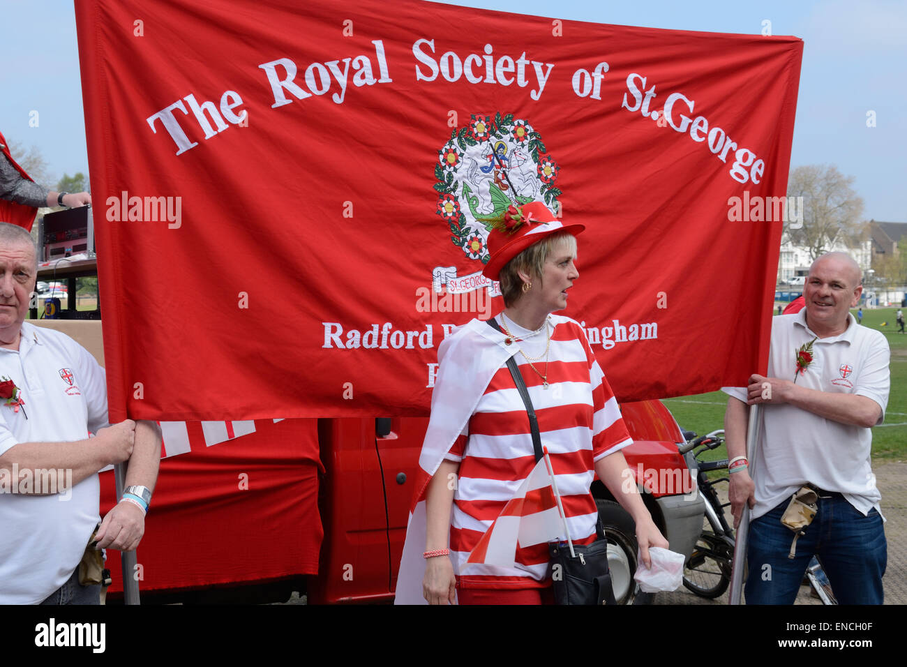Lady in red with banner, St. George, Nottingham, England Stock Photo ...