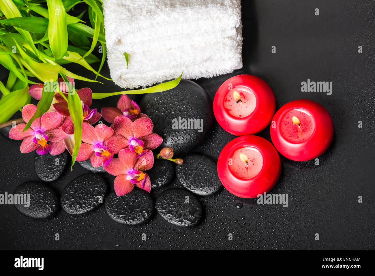top down spa concept of blooming twig red orchid flower, phalaenopsis ...
