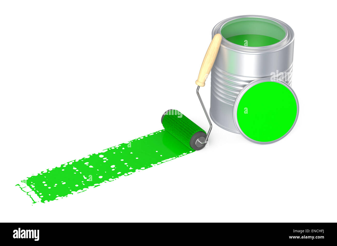 Can with green paint and roller brush isolated on white background ...