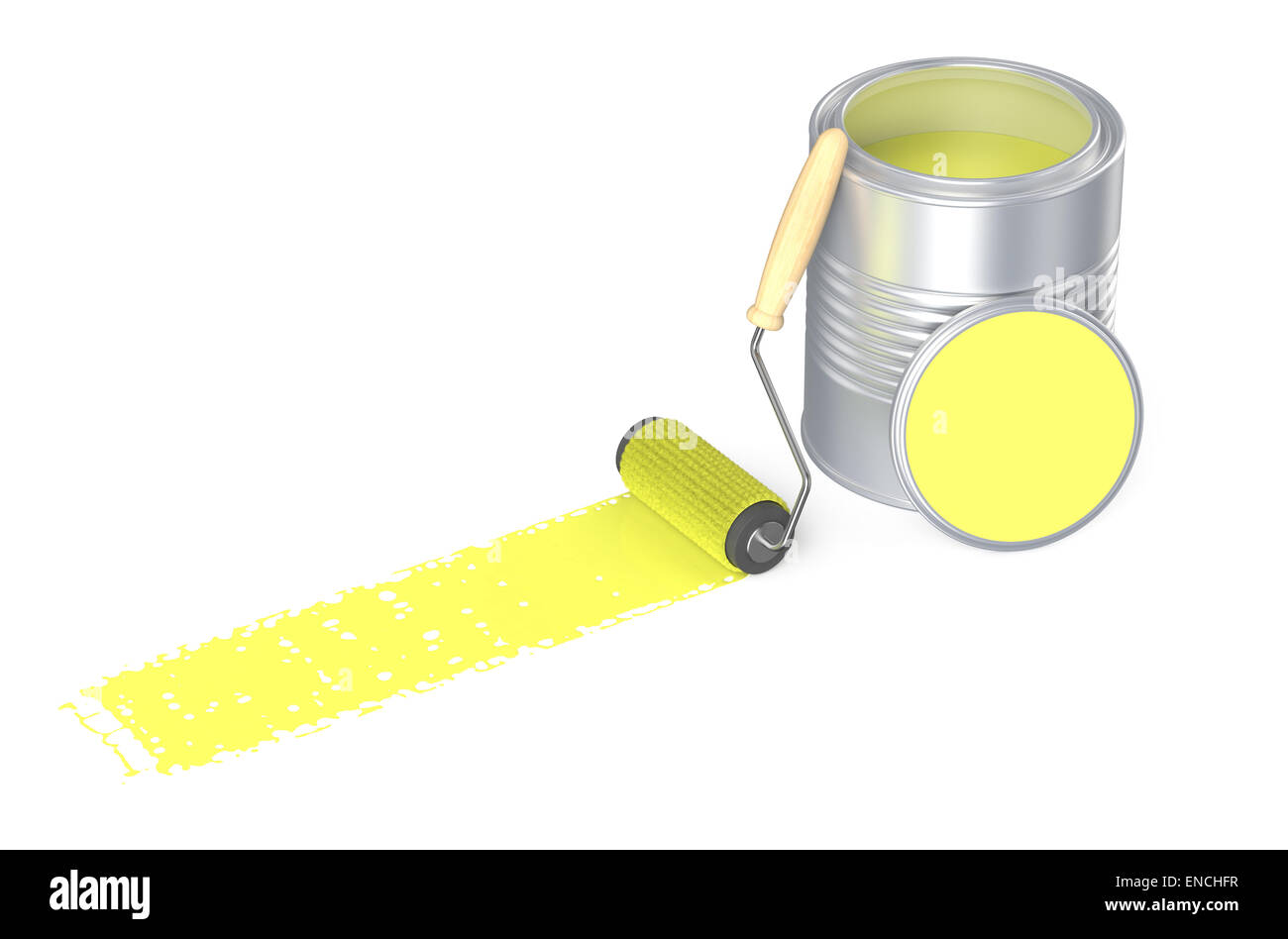 Can with yellow paint and roller brush isolated on white background ...