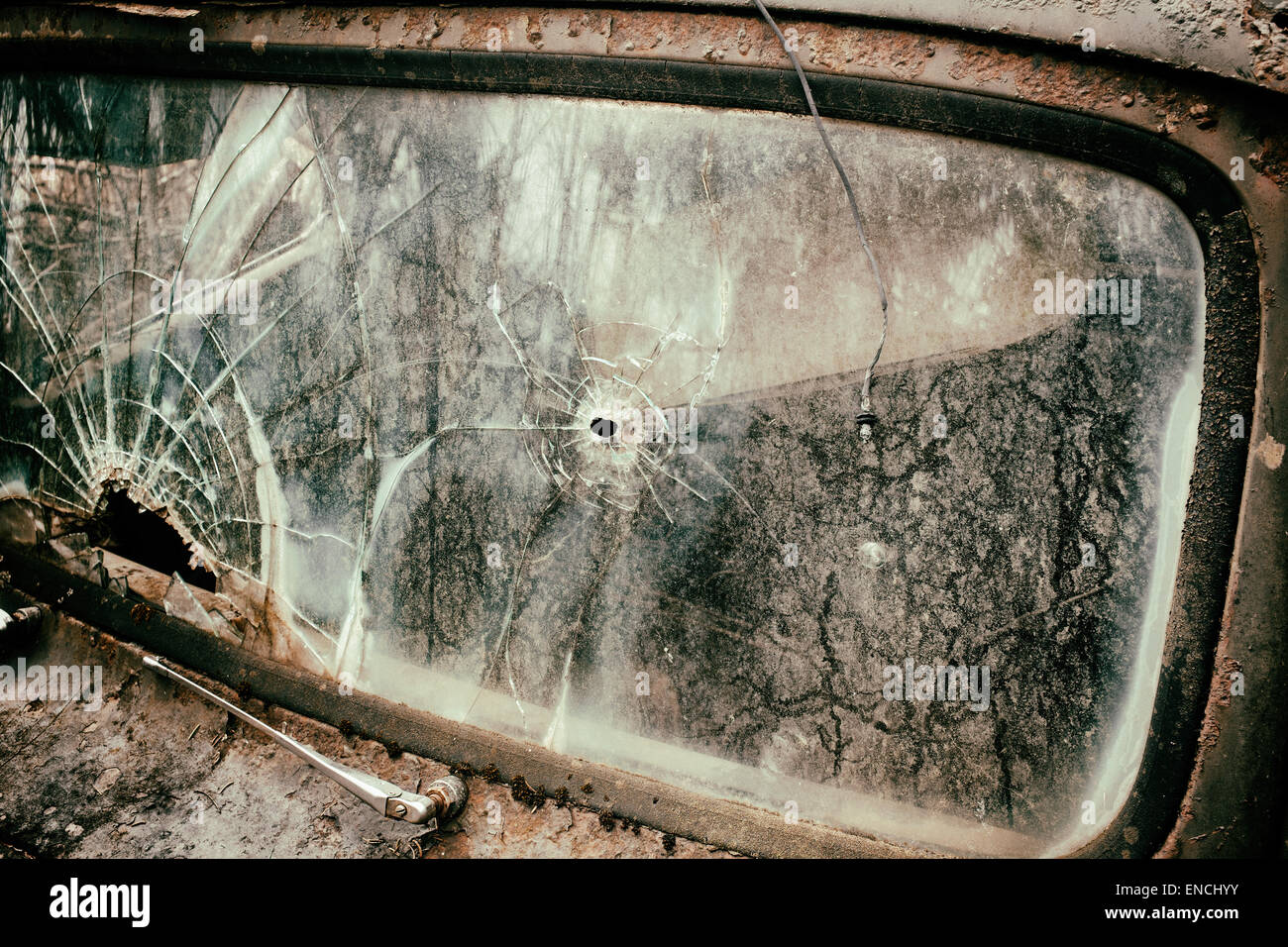 Broken windshield detail on an old decayed vehicle. Grunge look Stock ...