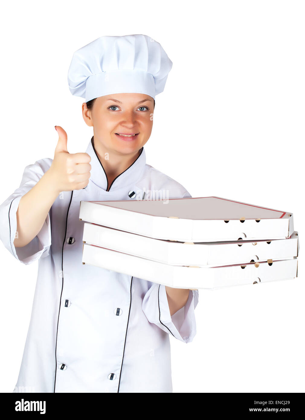 chef with pizza in box isolated on a white background Stock Photo - Alamy