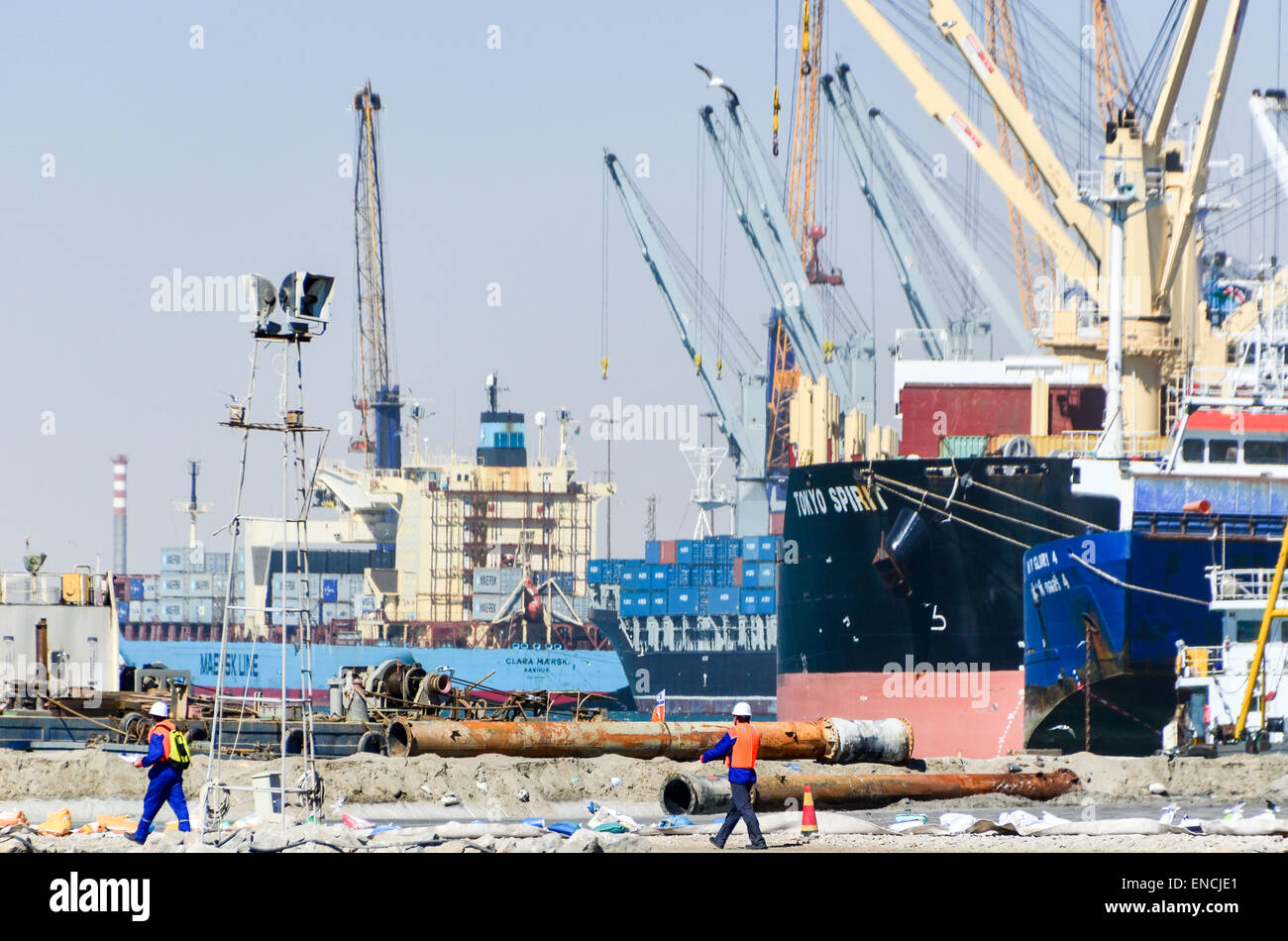 Cargo ships at the terminal of the port of Walvis Bay, Namibia Stock ...