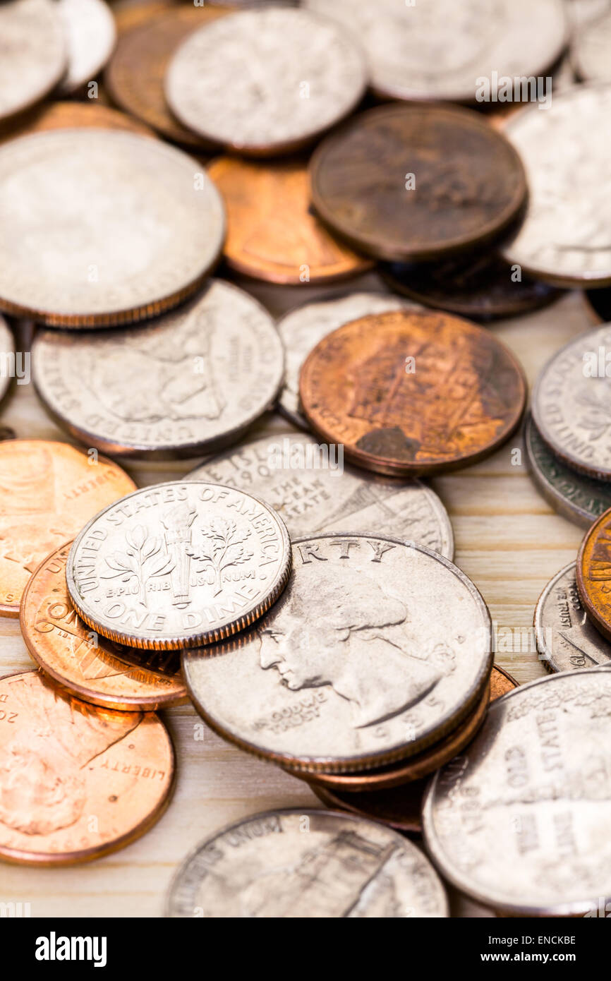 American coins on wood table Stock Photo - Alamy