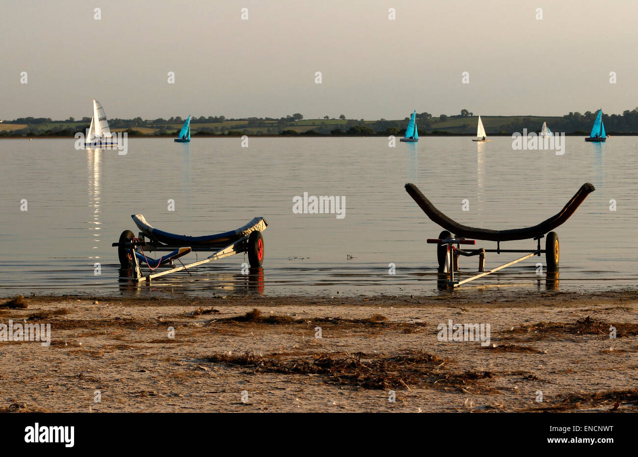 Small boat launching trailers, in Cheddar reservoir Stock Photo - Alamy
