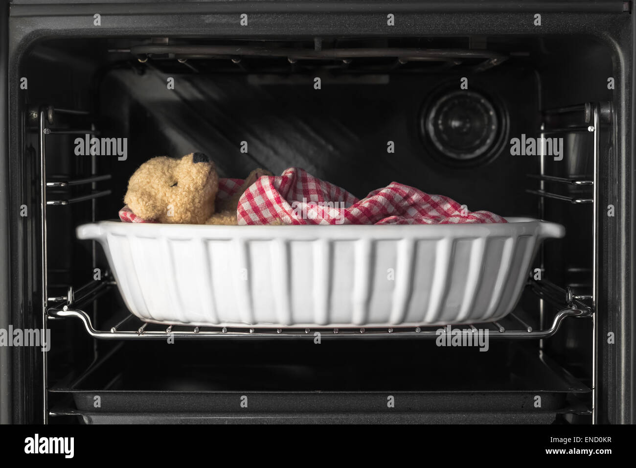 A teddy bear sleeping in a casserole dish inside a baking oven Stock ...