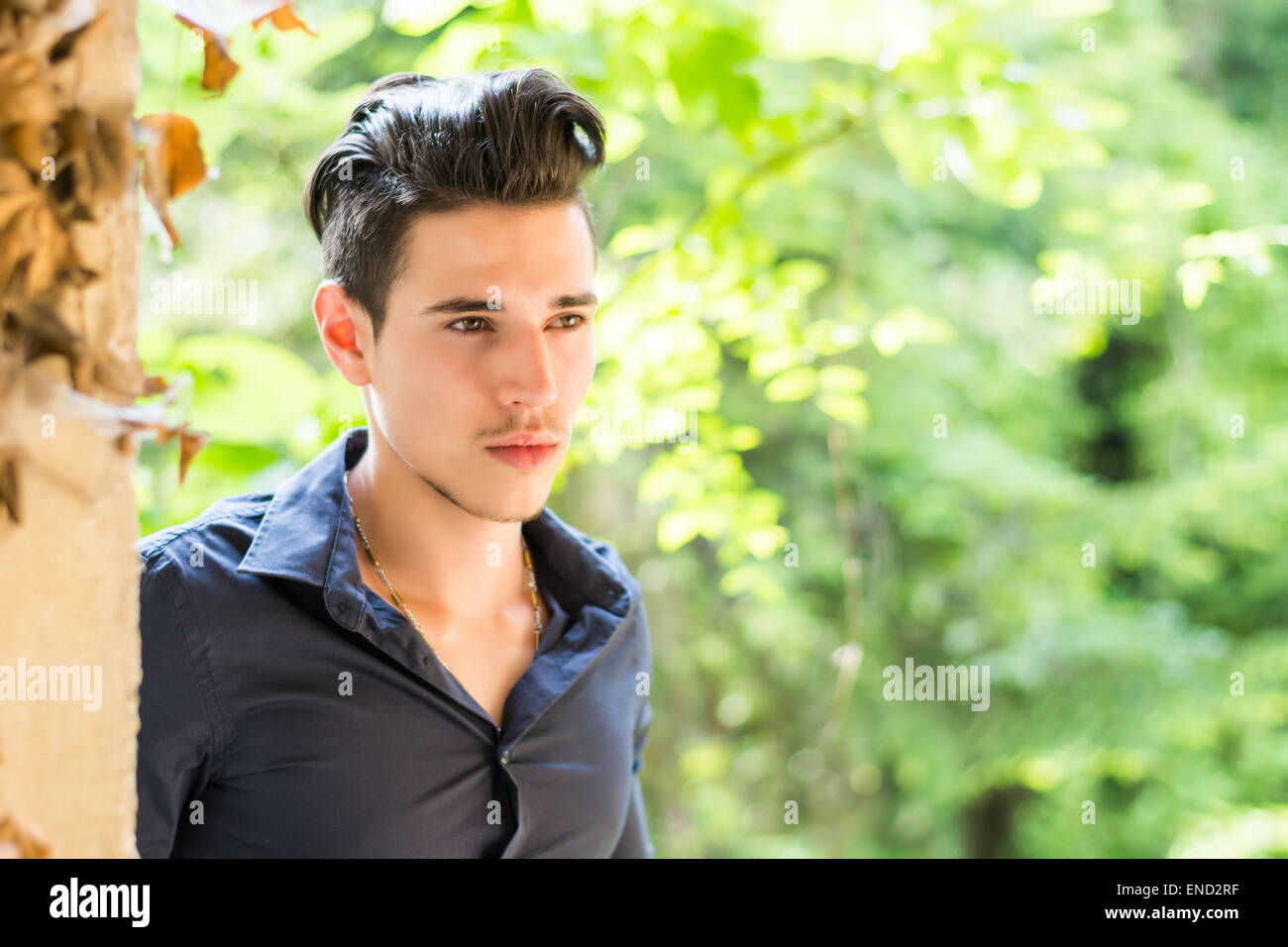 Serious looking young man looking outside Stock Photo - Alamy
