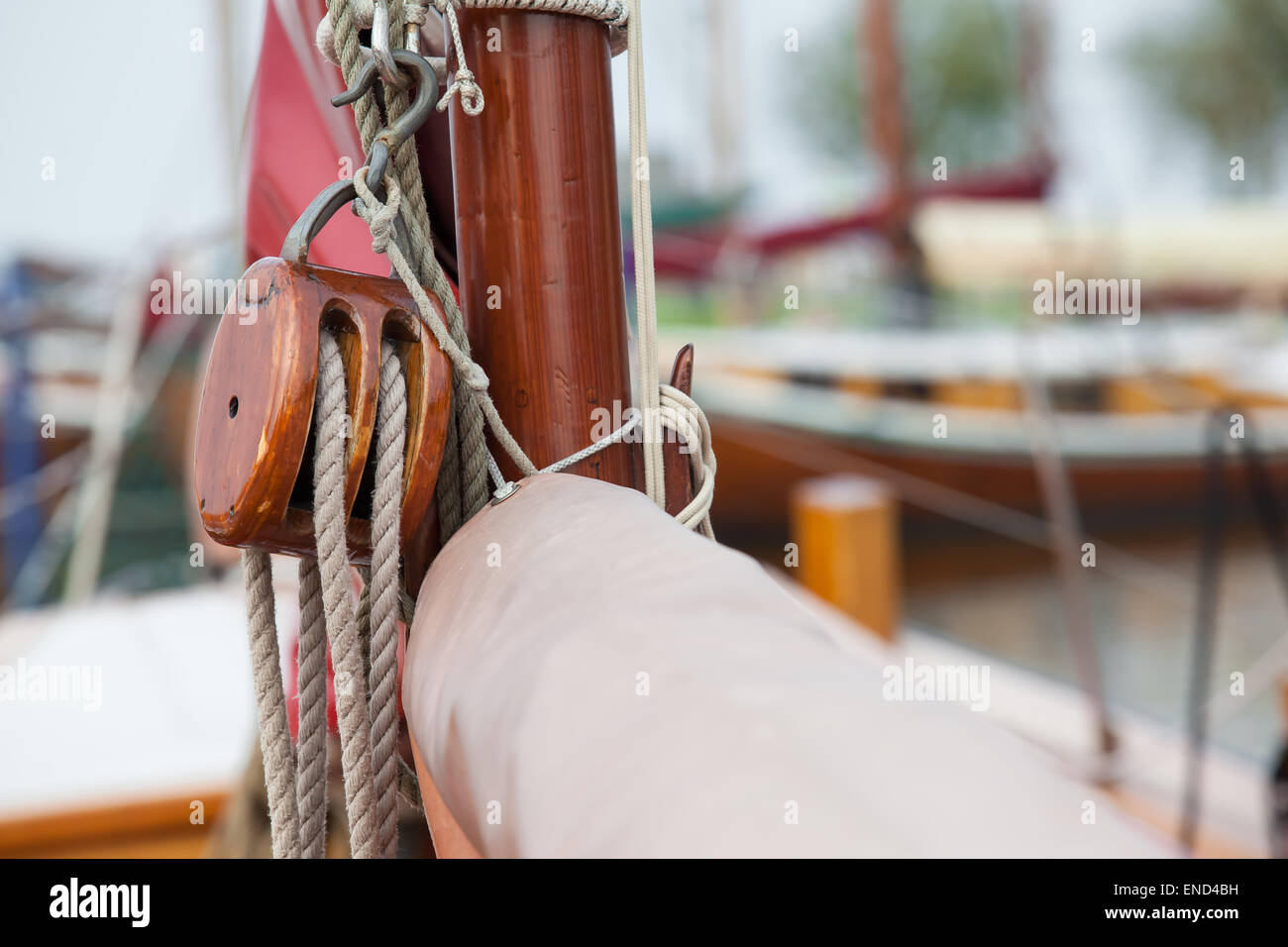 Retro wooden sailboat tackle and rope detail Stock Photo - Alamy