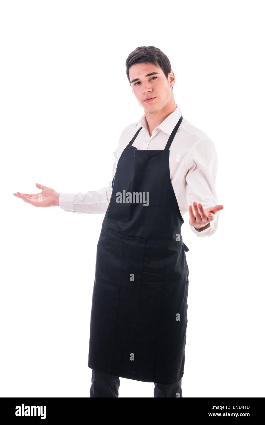 Young chef or waiter wearing black apron isolated Stock Photo - Alamy