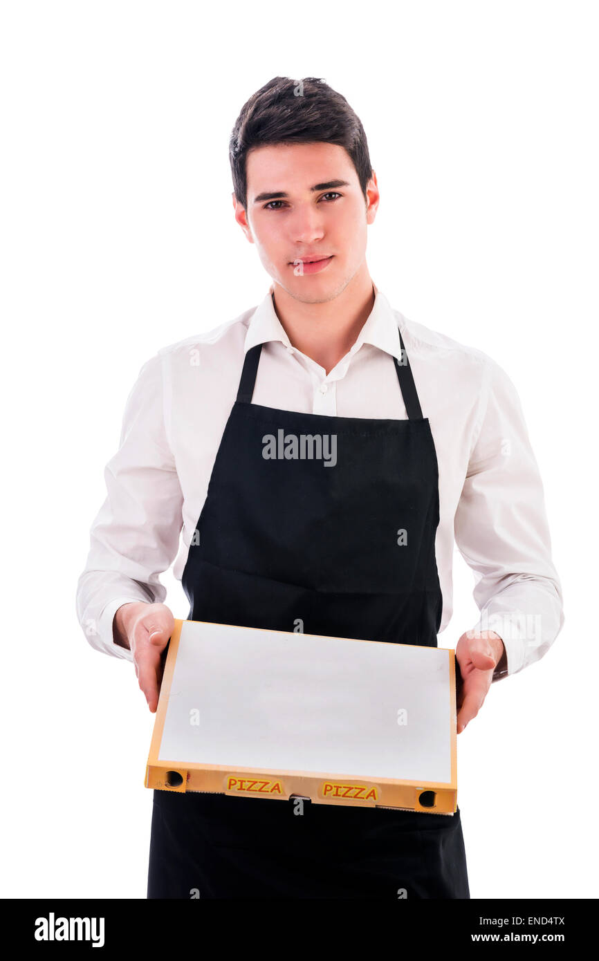 Attractive young chef or waiter holding pizza box Stock Photo - Alamy