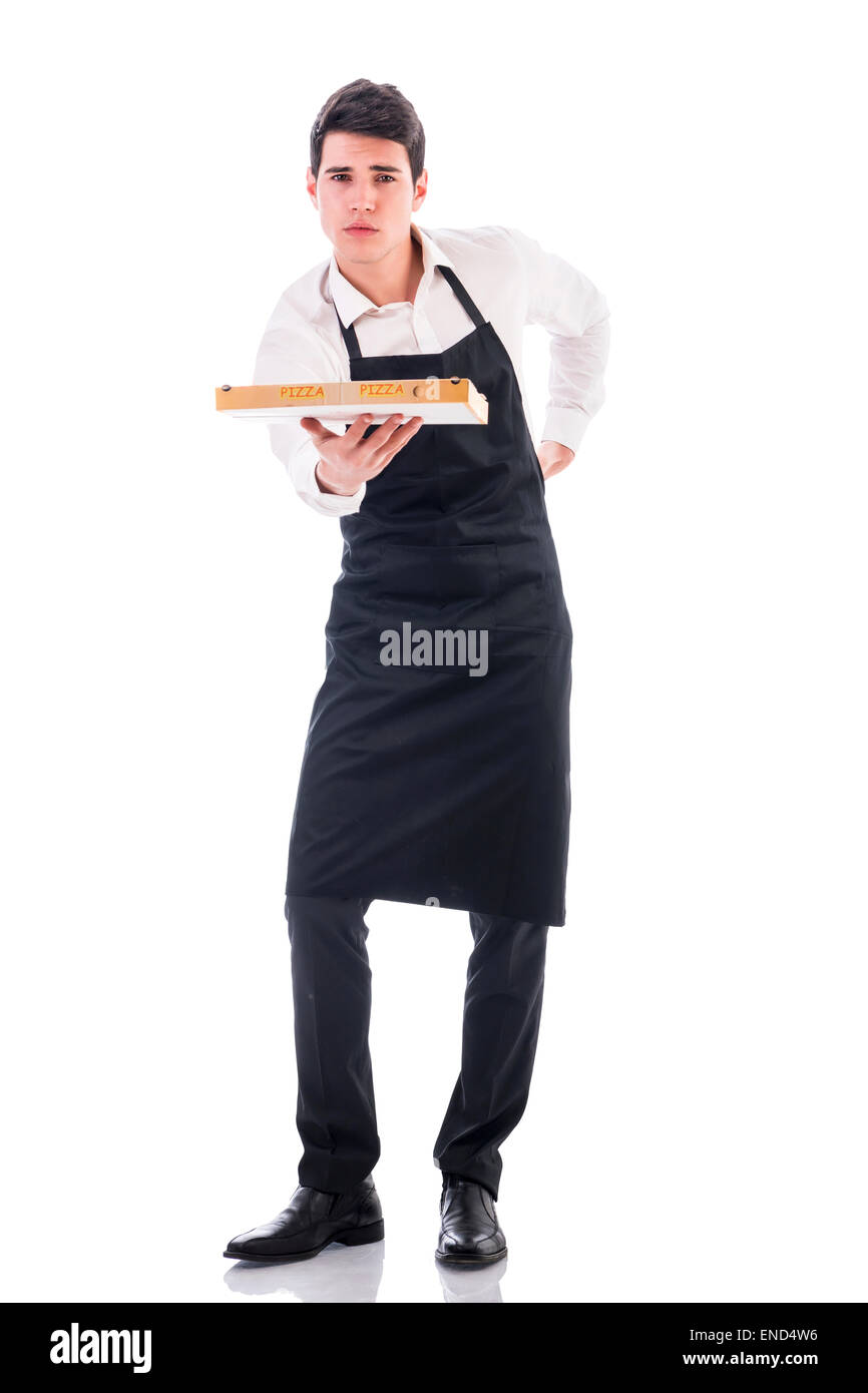 Attractive young chef or waiter holding pizza box Stock Photo - Alamy