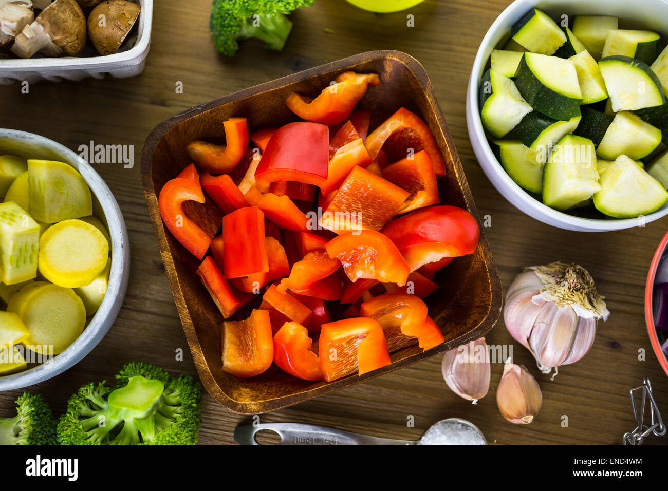 Fresh ingredients for preparing roasted mixed vegetables on the table ...