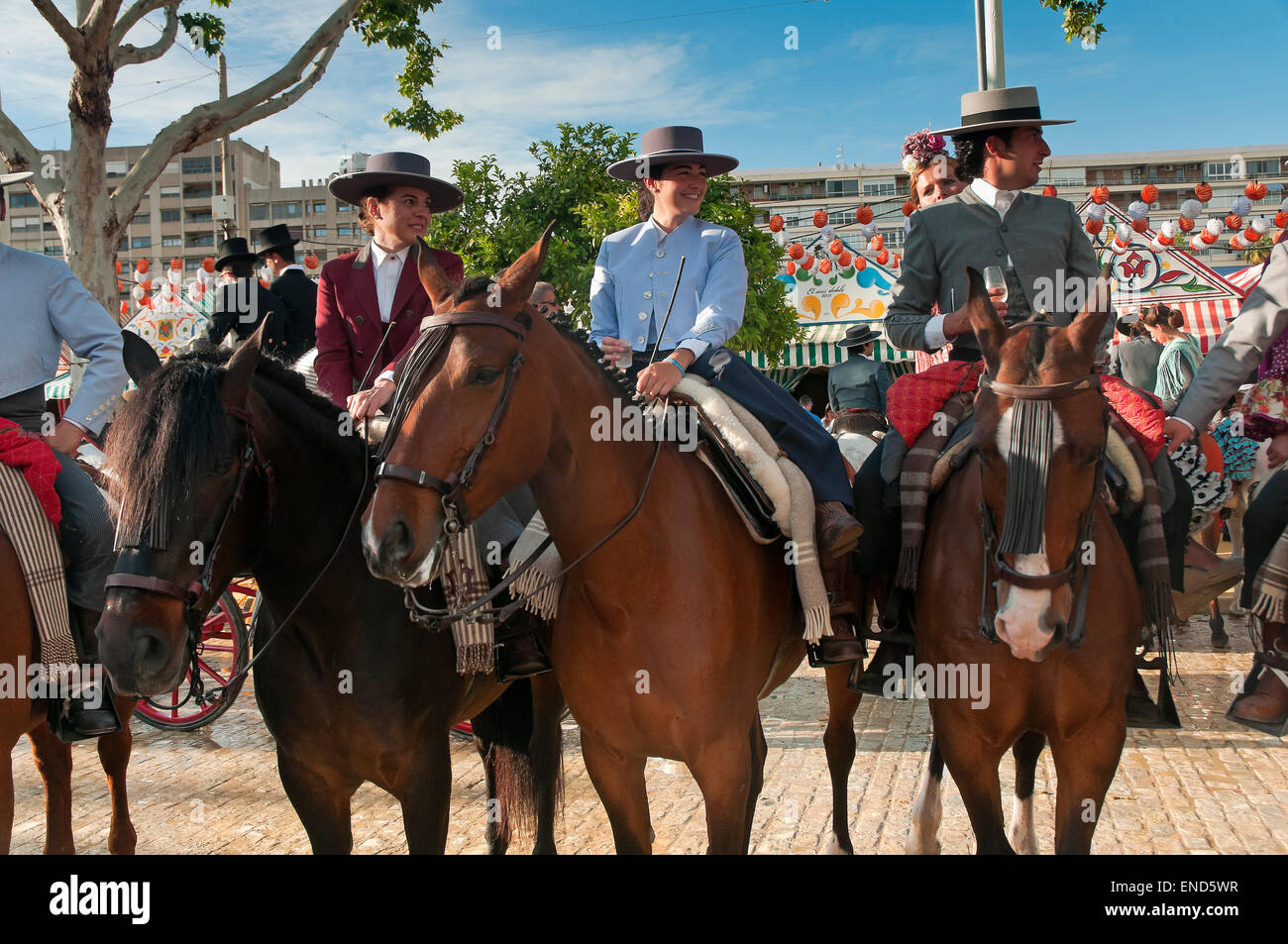 April Fair, People riding horses, Seville, Region of Andalusia, Spain ...