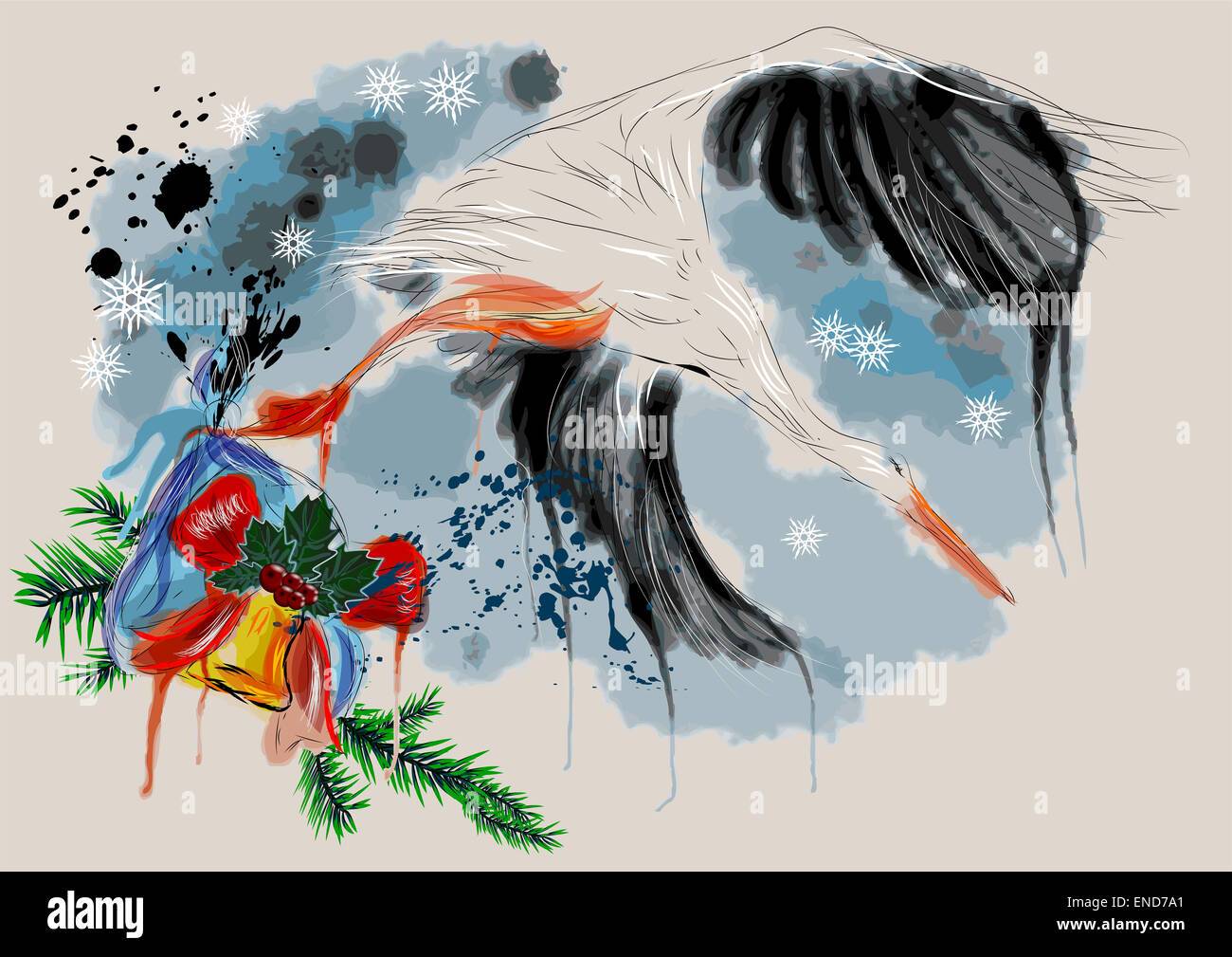 Christmas stork. bird brings Christmas gift with bell and bow Stock ...
