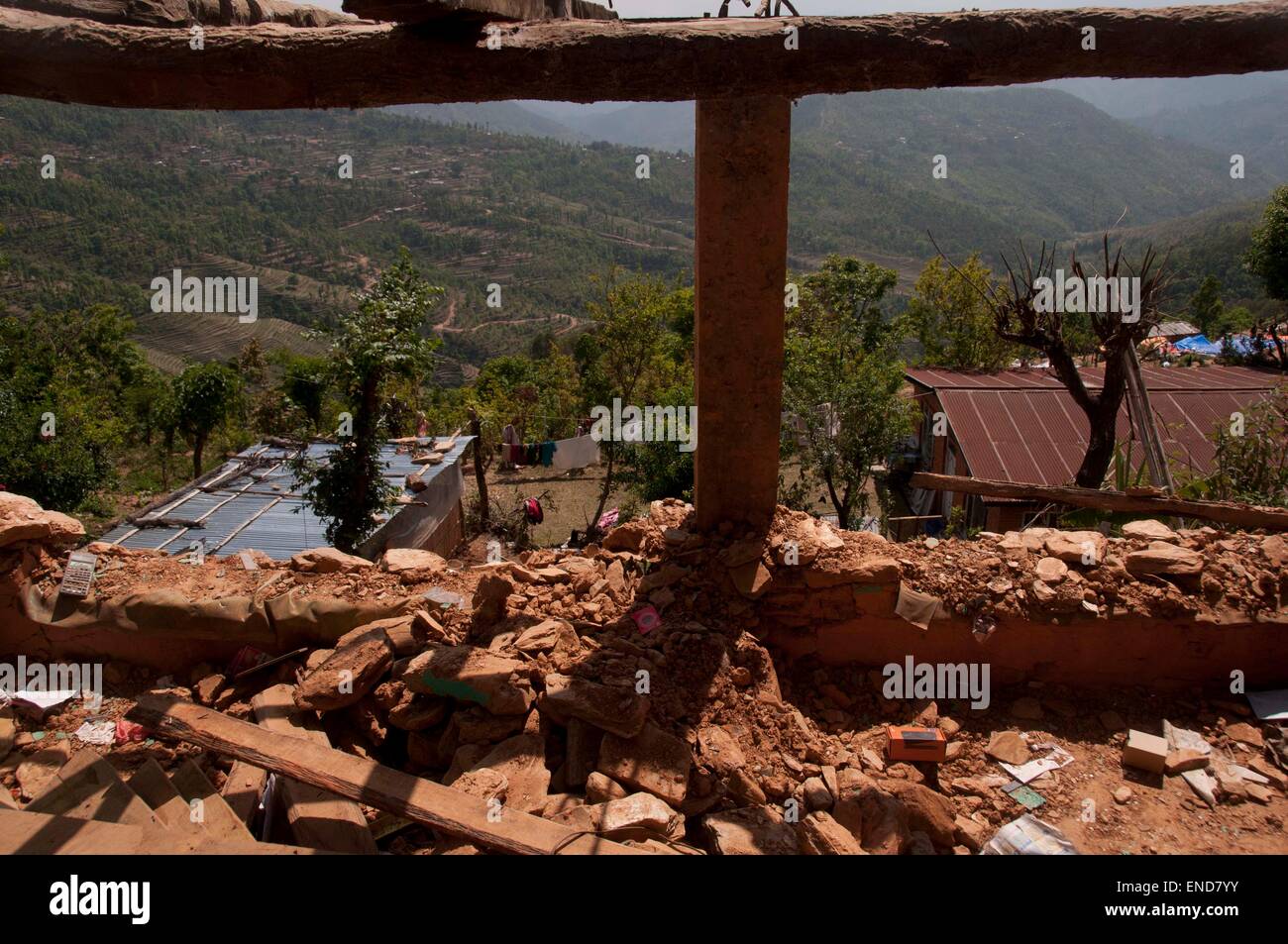 Sindhupalchowk, Nepal. 3rd May, 2015. A destructed house is seen at ...