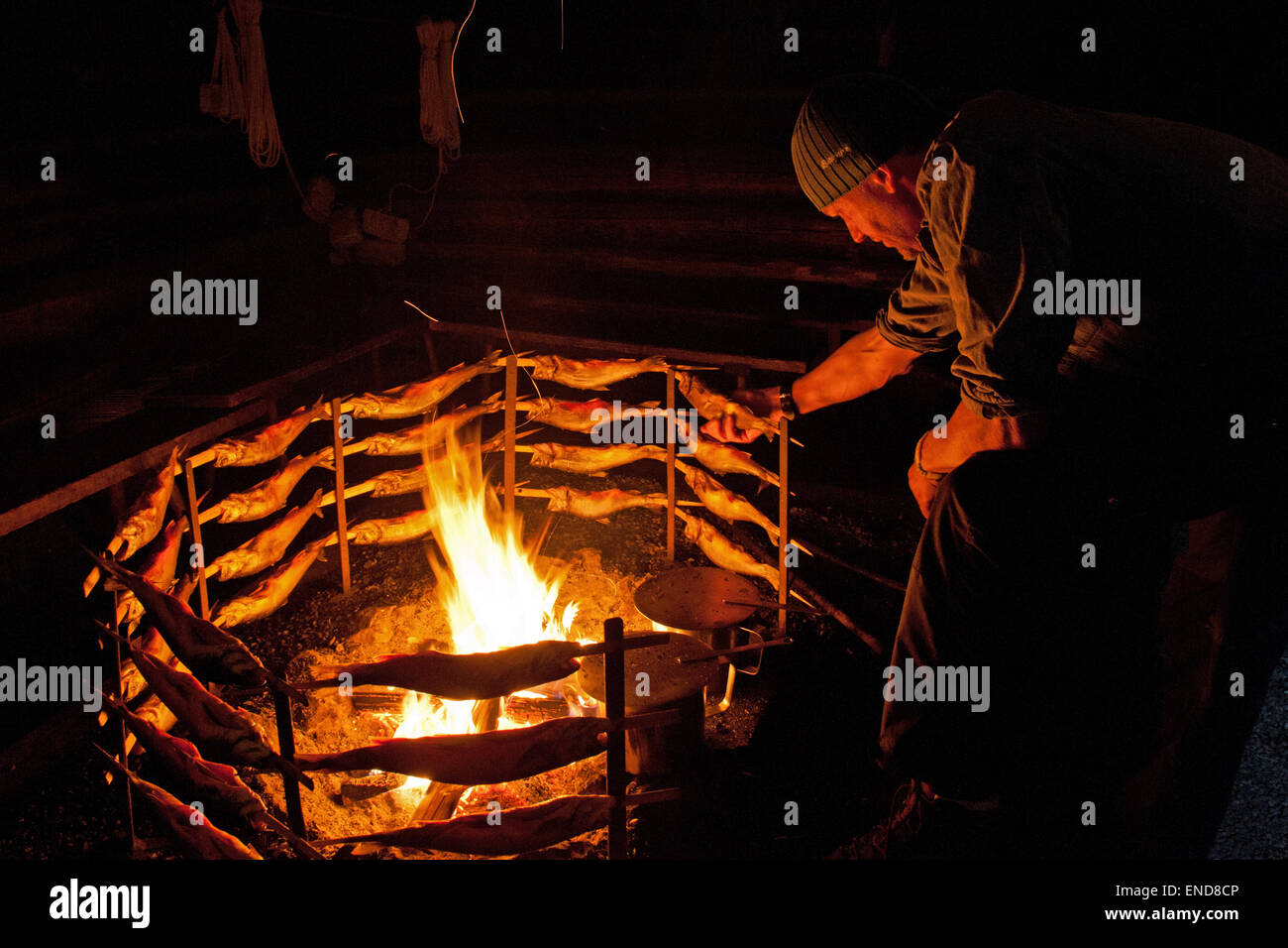 fisherman roasting Saibling fish on open fire in Fischerhütte ...