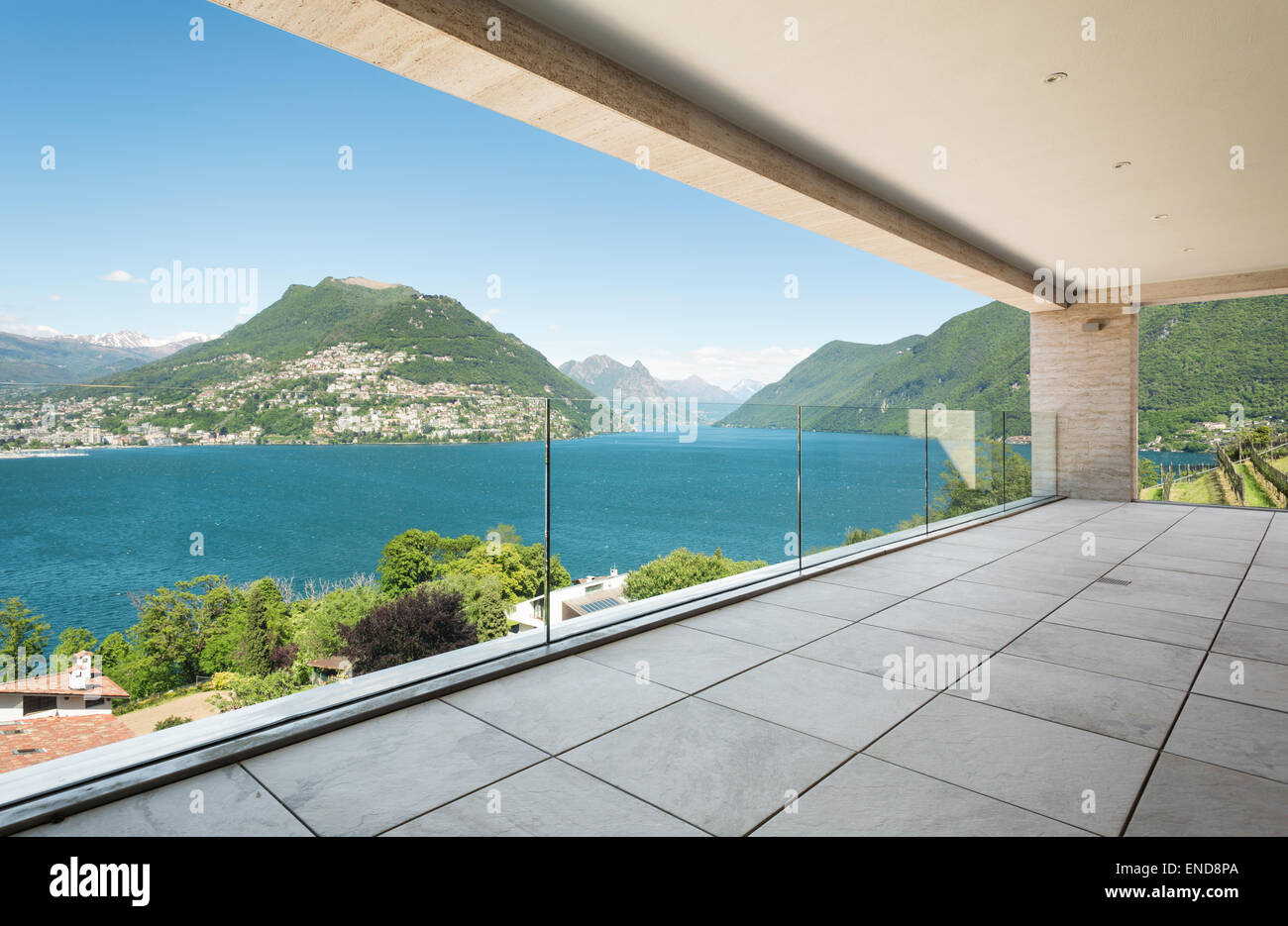 beautiful terrace in a modern penthouse, lake view Stock Photo - Alamy