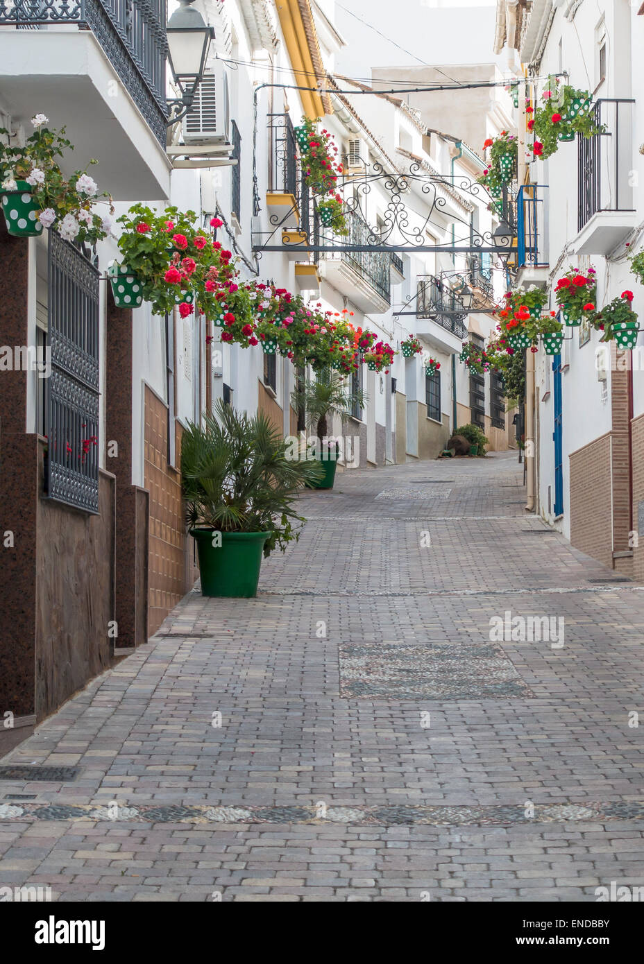 Narrow cobbled colourful back street with many flowers in Estepona ...