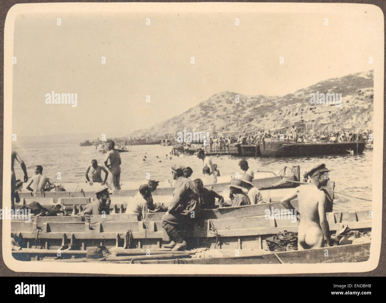 This historic photograph captures soldiers bathing at Anzac Beach ...