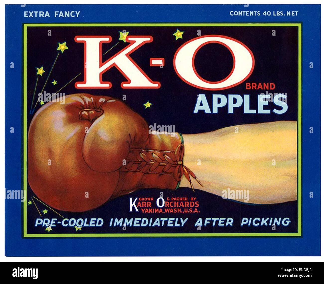 The 'K-O Brand' apple crate label features a colorful design with bold ...