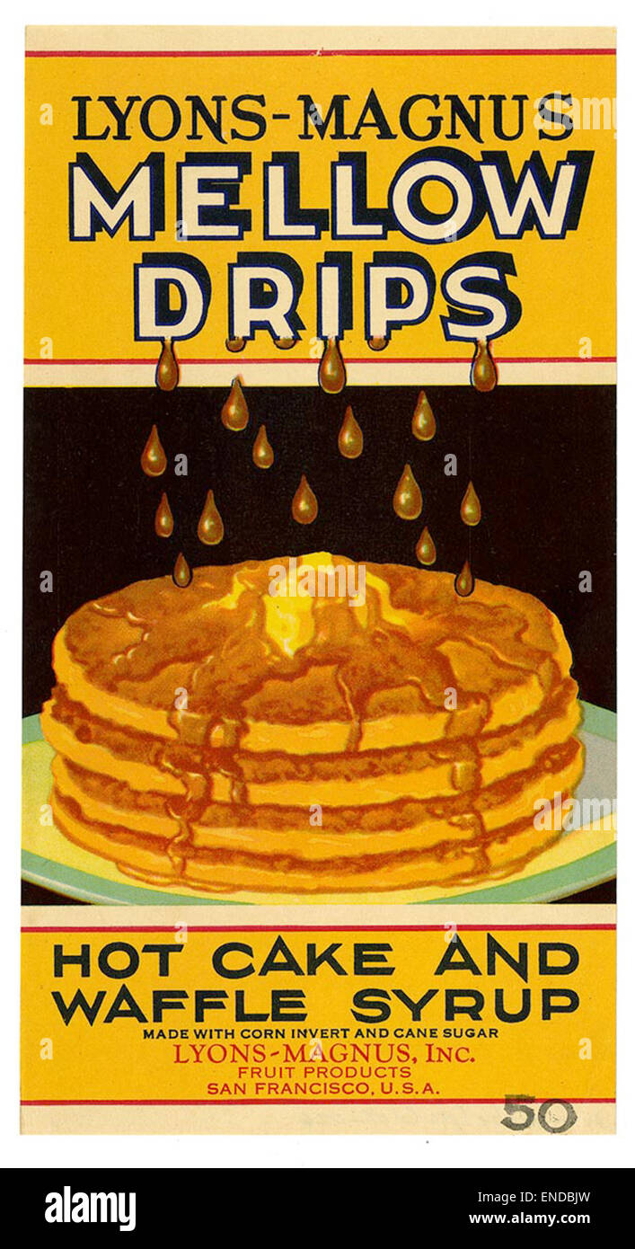 The label from Lyons-Magnus Mellow Drips brand syrup, printed by ...