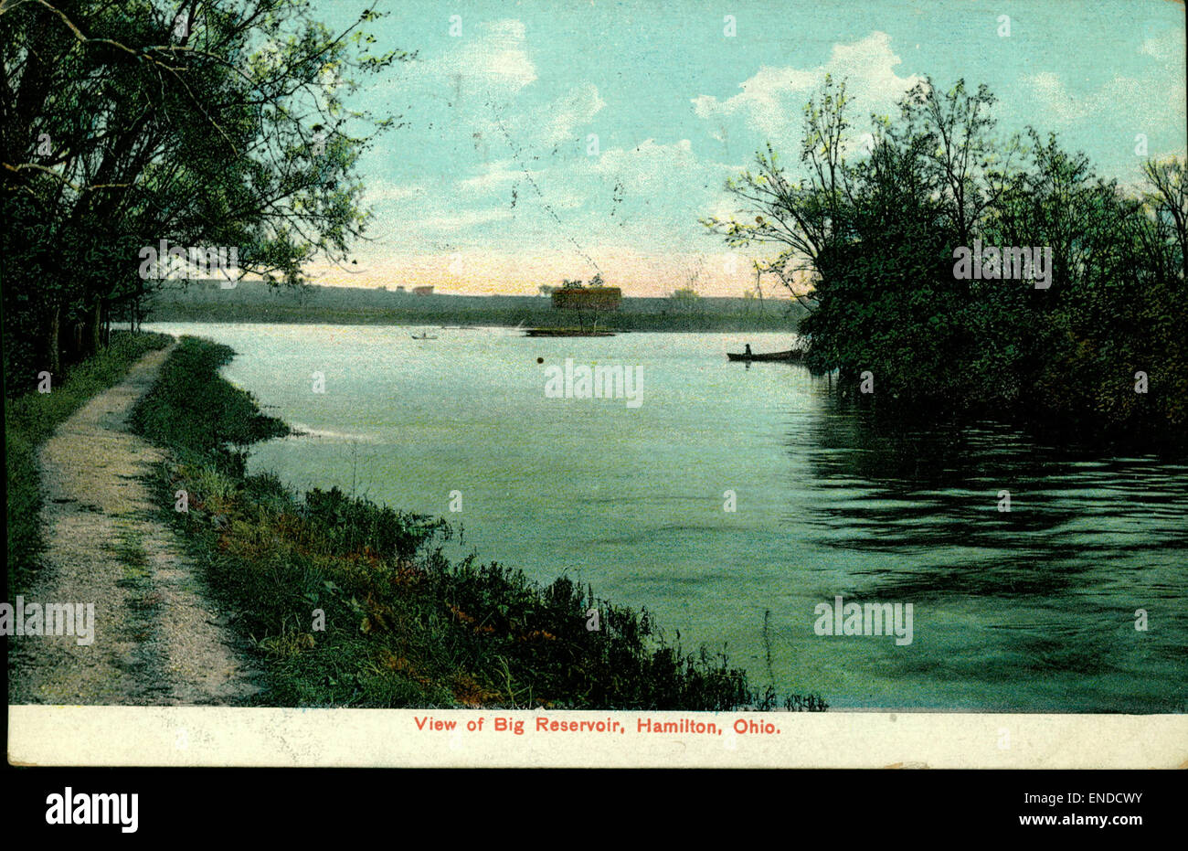 A digital postcard of the Big Reservoir in Hamilton, Ohio, featuring ...