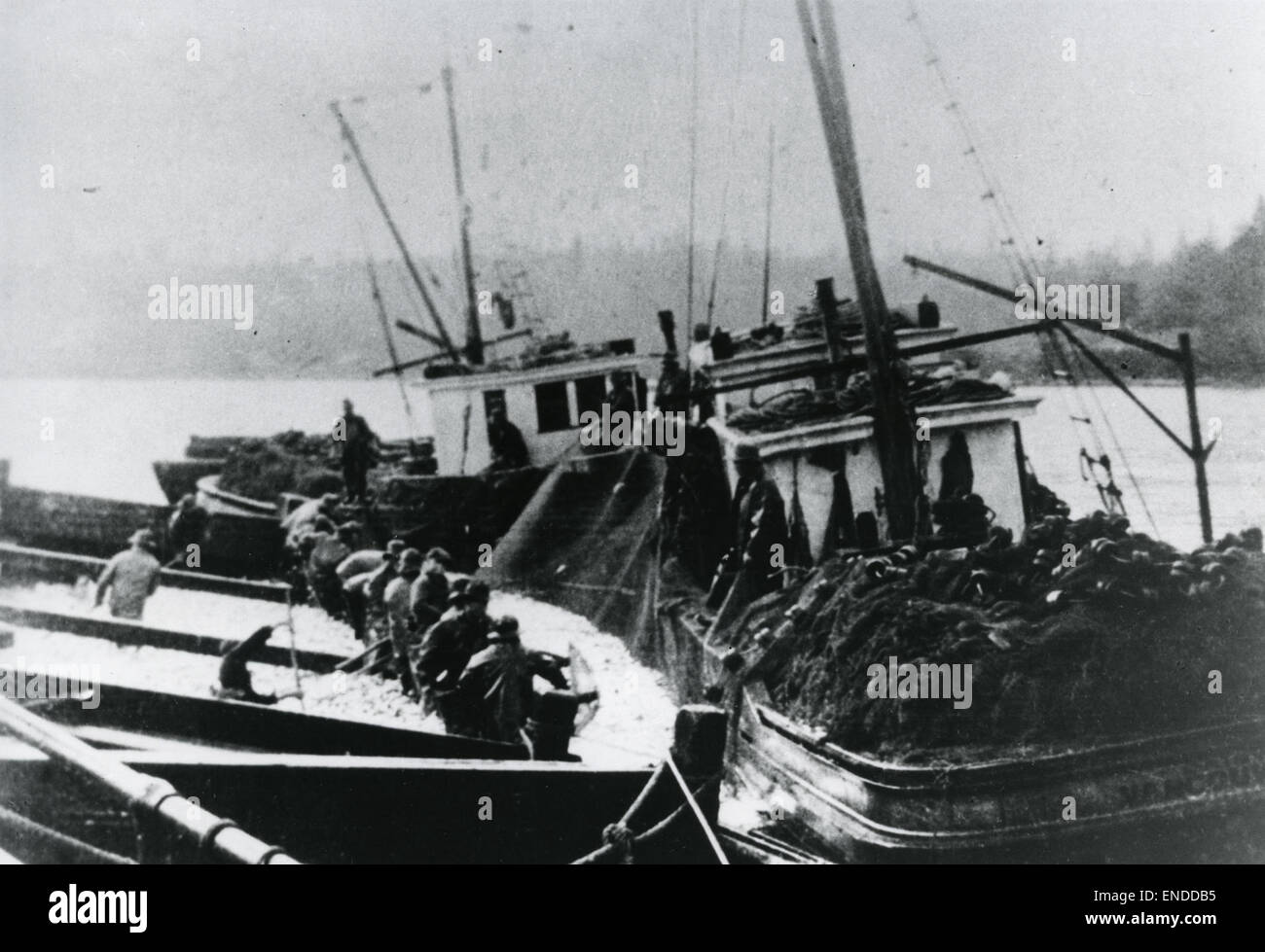 This photograph captures fishermen on boats before World War II ...