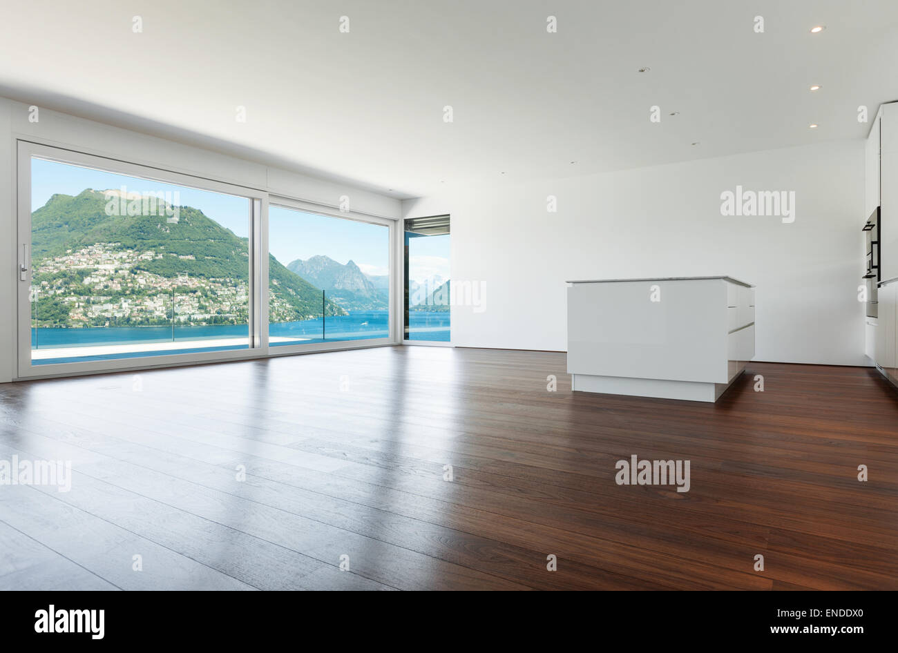 beautiful empty apartment, hardwood floor, modern kitchen Stock Photo ...