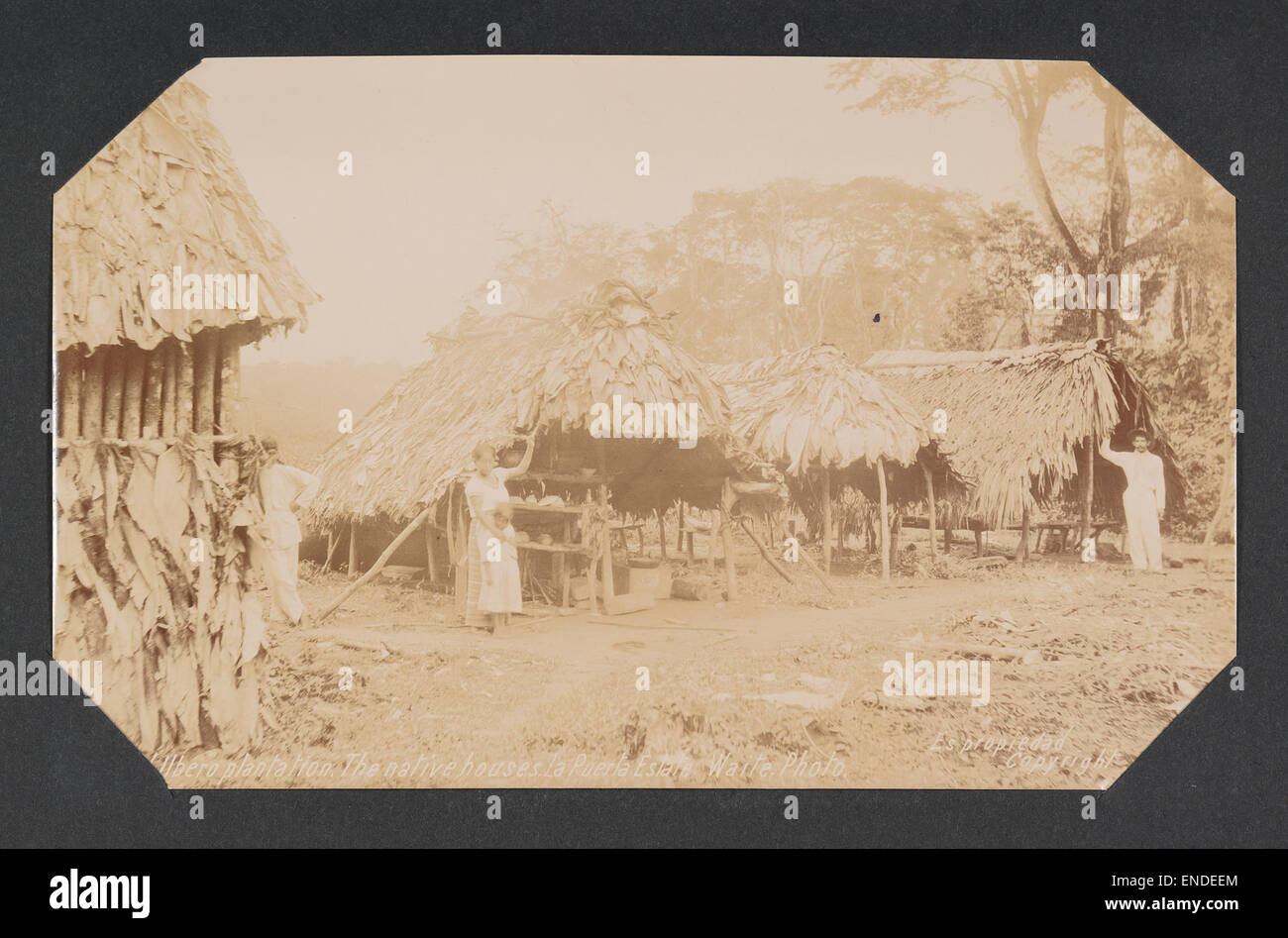 The image depicts native houses and agricultural laborers' huts in the ...