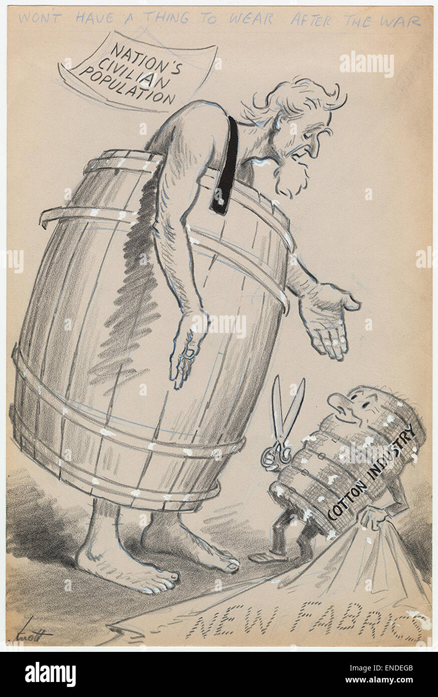 This cartoon addresses the impact of wartime fabric shortages on the ...