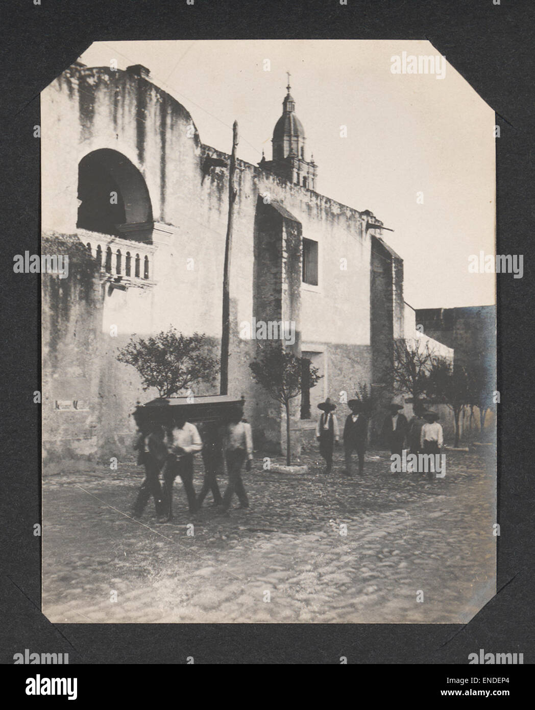 This image depicts a funeral procession, featuring coffins and churches ...