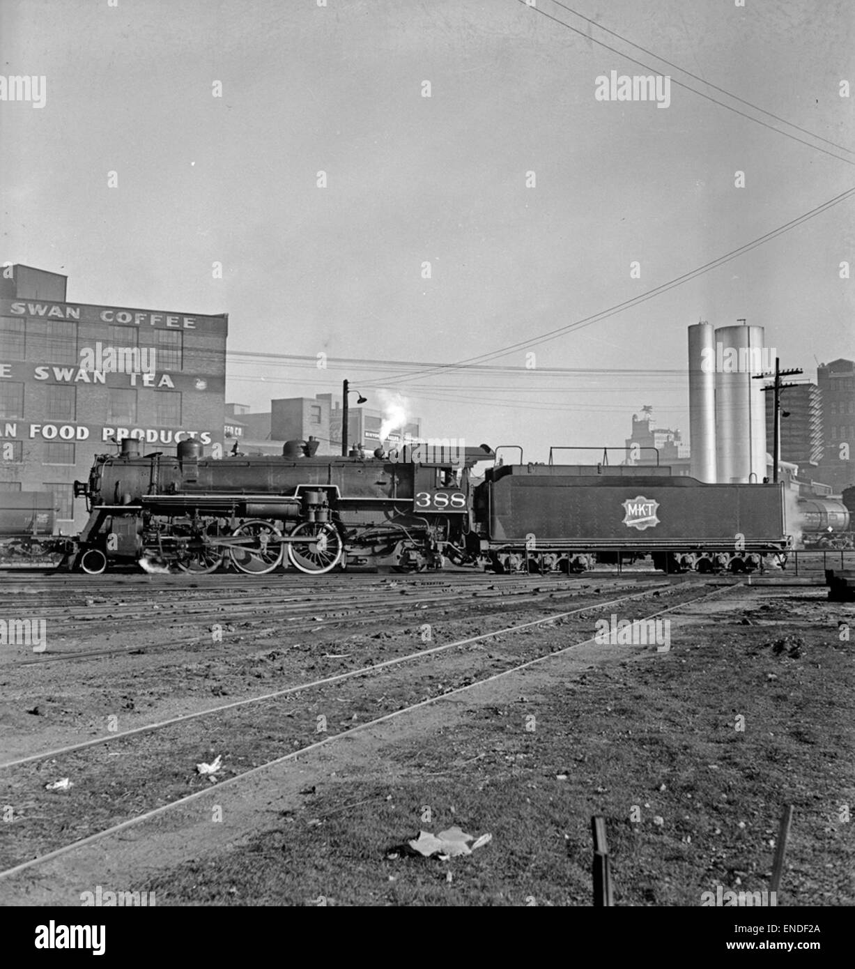 The photograph shows the Missouri-Kansas-Texas (MKT) Locomotive No. 388 ...