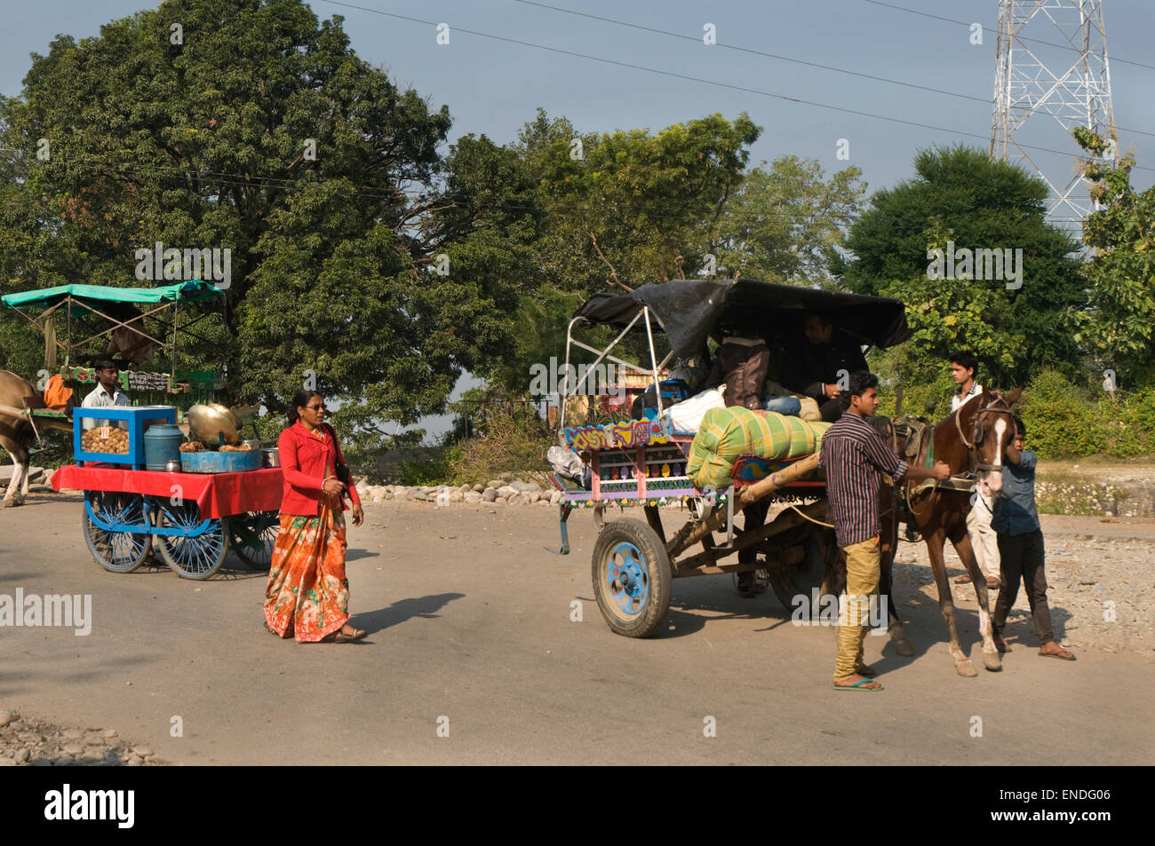 INDIA, Uttarakhand, Banbasa, horse and cart and pedestrians on the ...