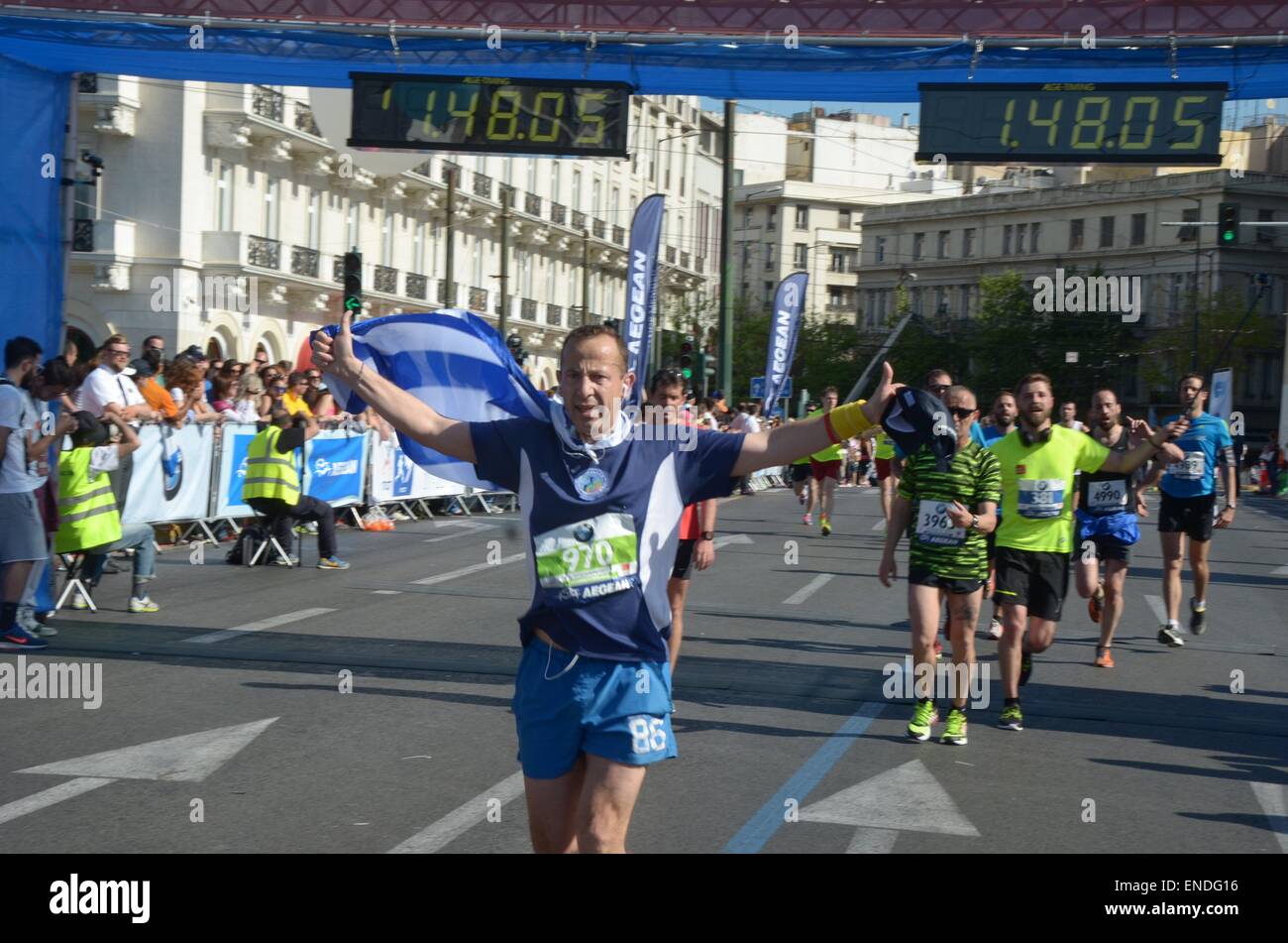 Athens, Greece. 03rd May, 2015. A marathon runner finishes the Half ...