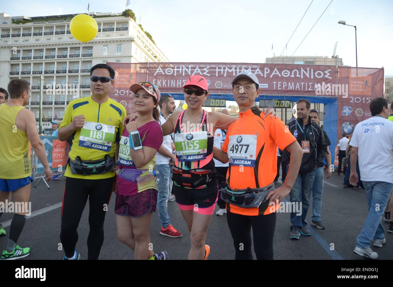 Athens, Greece. 03rd May, 2015. Marathon runners from China pose. Over ...