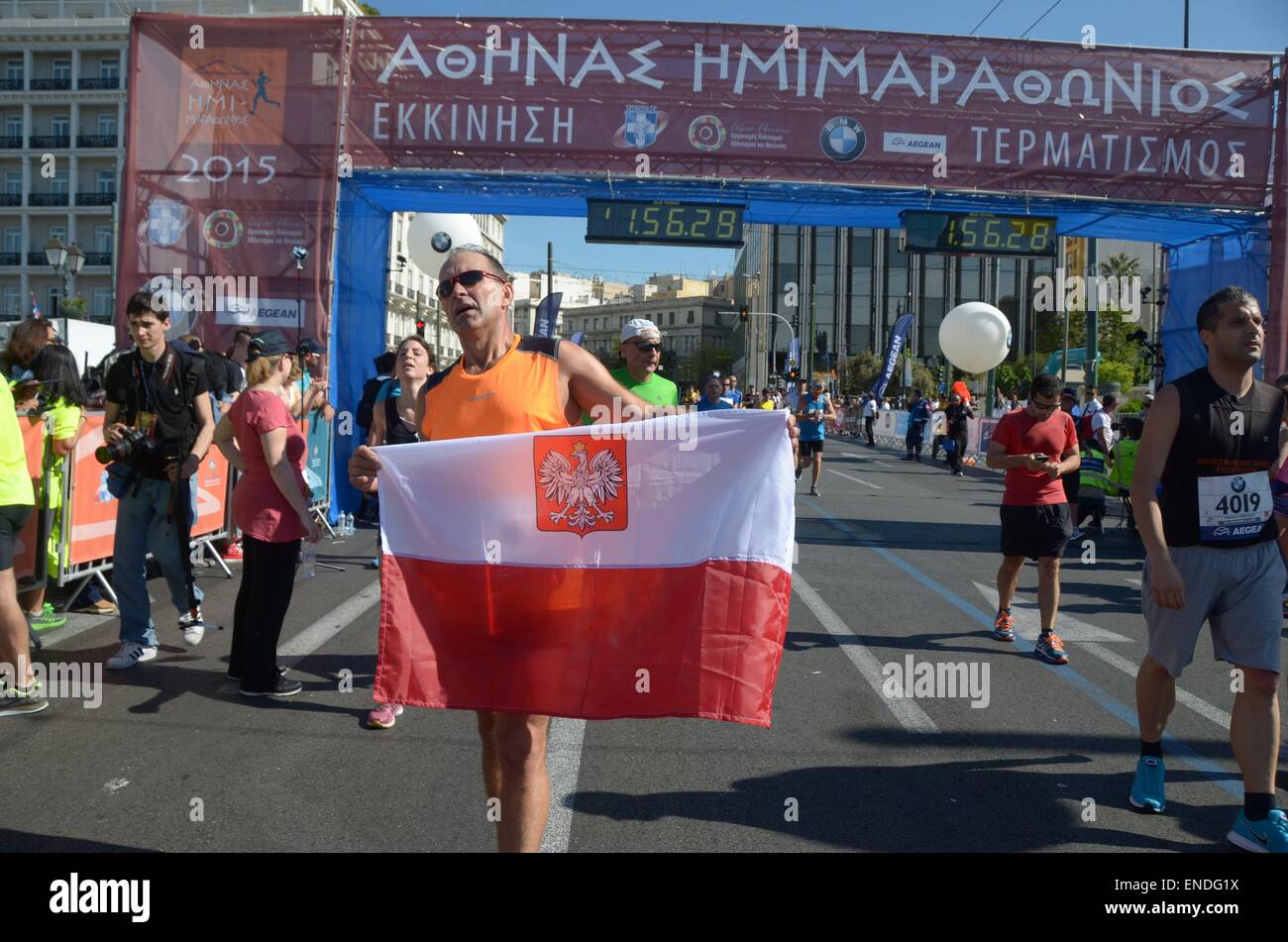 Athens, Greece. 03rd May, 2015. A marathon runner finishes the Half ...