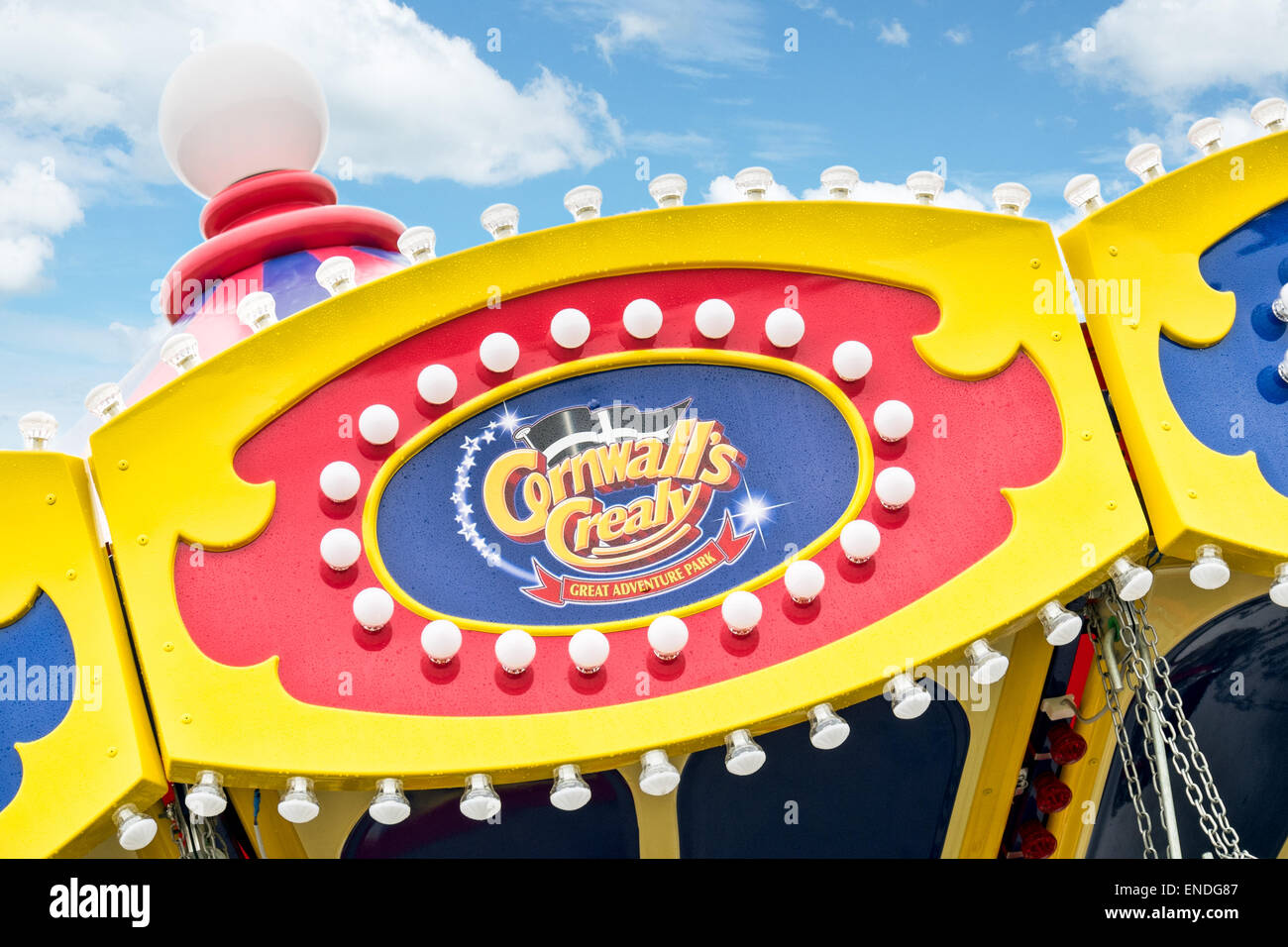 The Crealy Cornwall logo on a panel on the top of a merry go round at ...