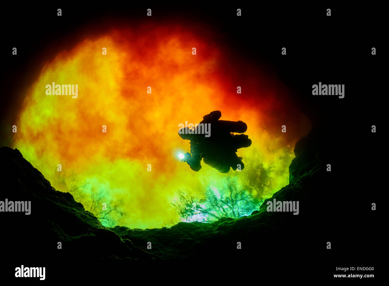 scuba diver in Devils Eye with red water from Santa Fe River, swelling ...