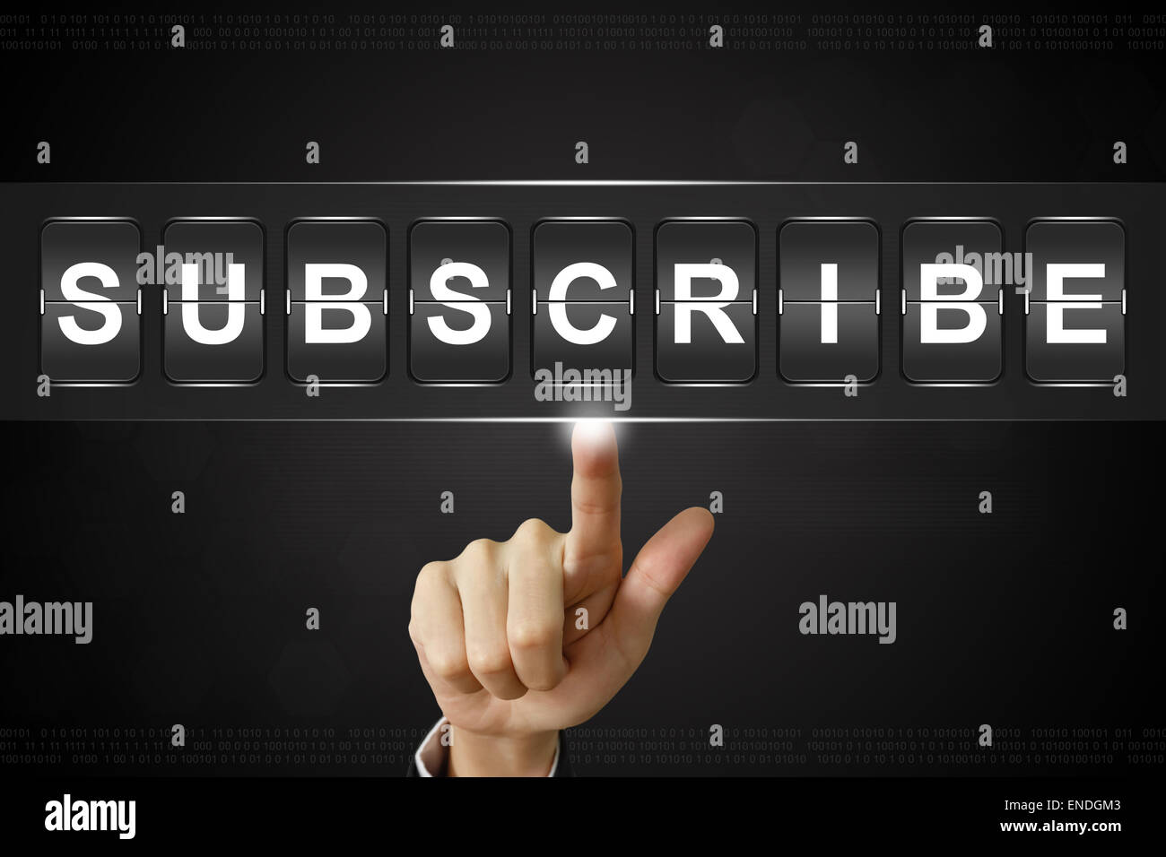 business hand pushing subscribe on Flipboard Display Stock Photo - Alamy